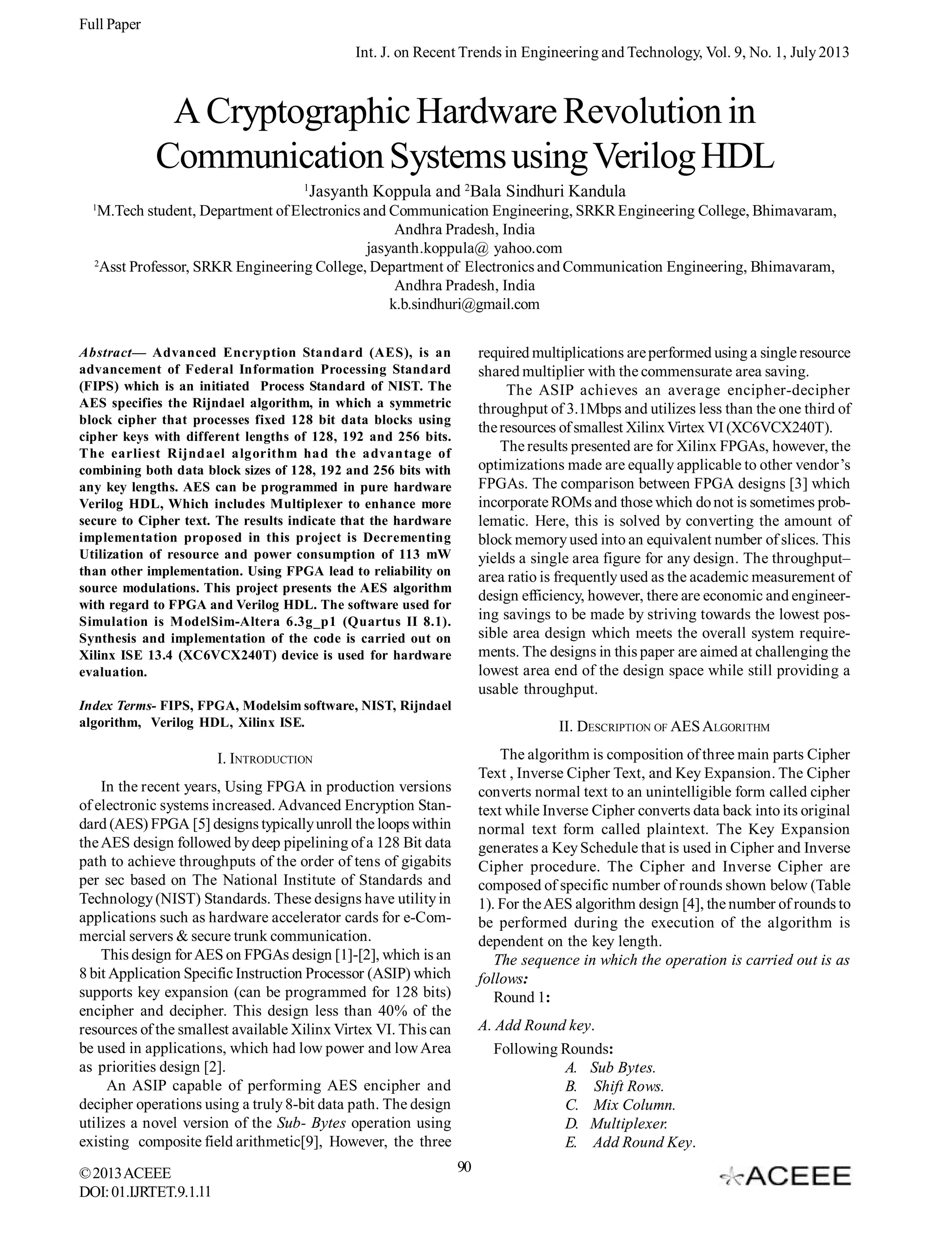 A Cryptographic Hardware Revolution In Communication Systems Using Verilog Hdl Pdf Computer