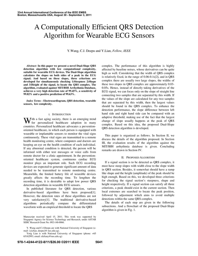A Computationally Efficient QRS Detection Algorithm for Wearable ECG Sensors | PDF