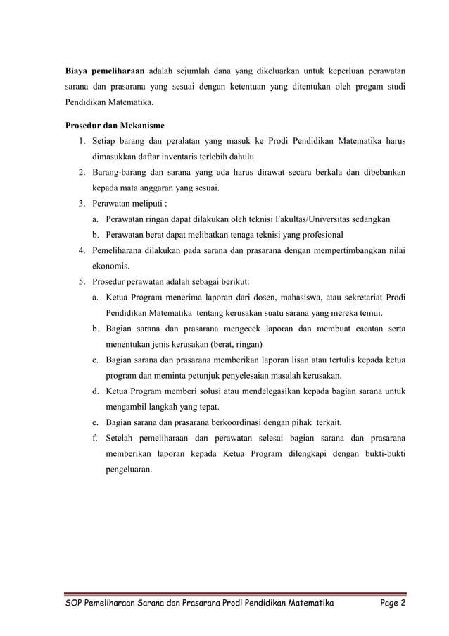 11.sop pemeliharaan sarana dan prasarana | PDF