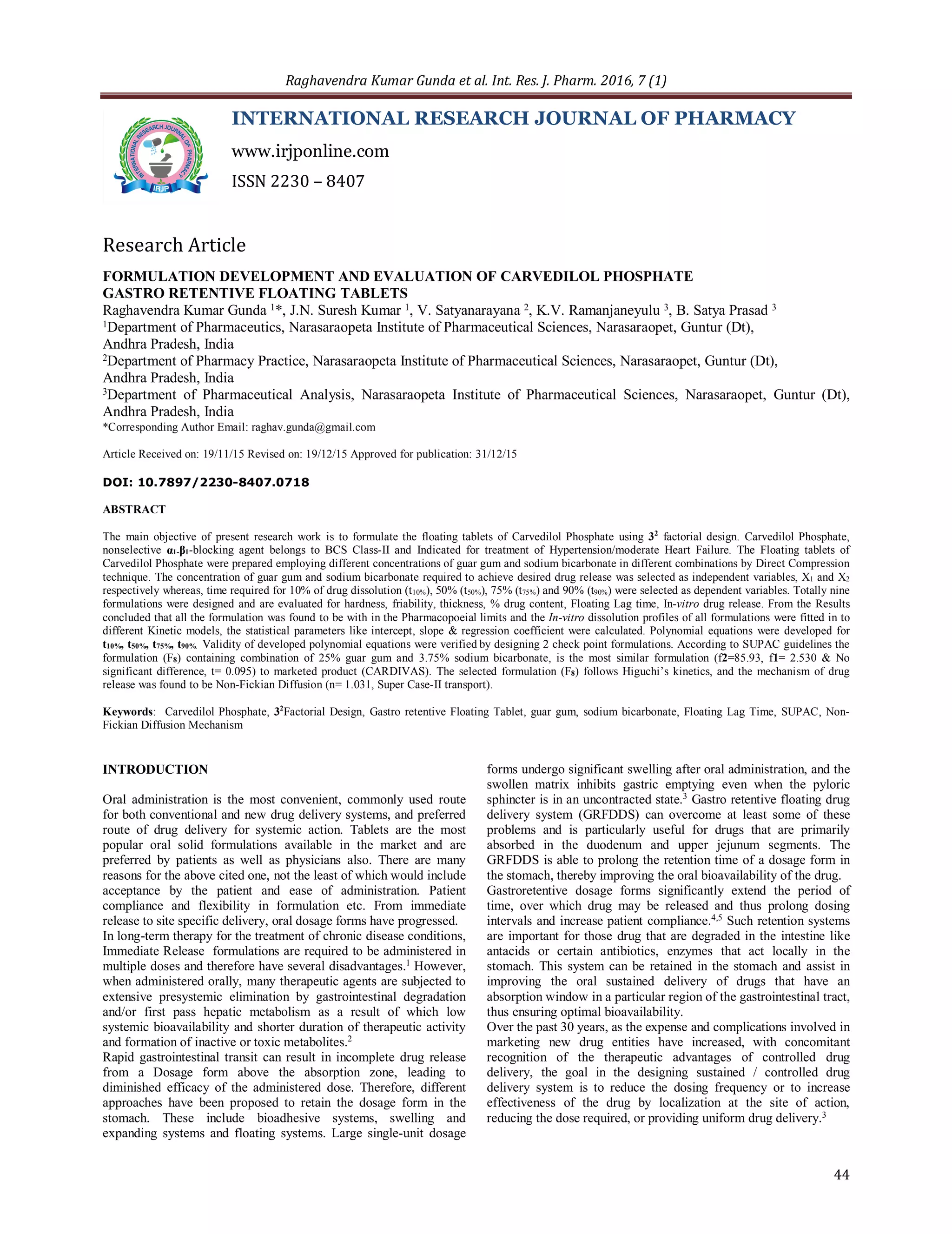 FORMULATION DEVELOPMENT AND EVALUATION OF CARVEDILOL PHOSPHATE GASTRO ...