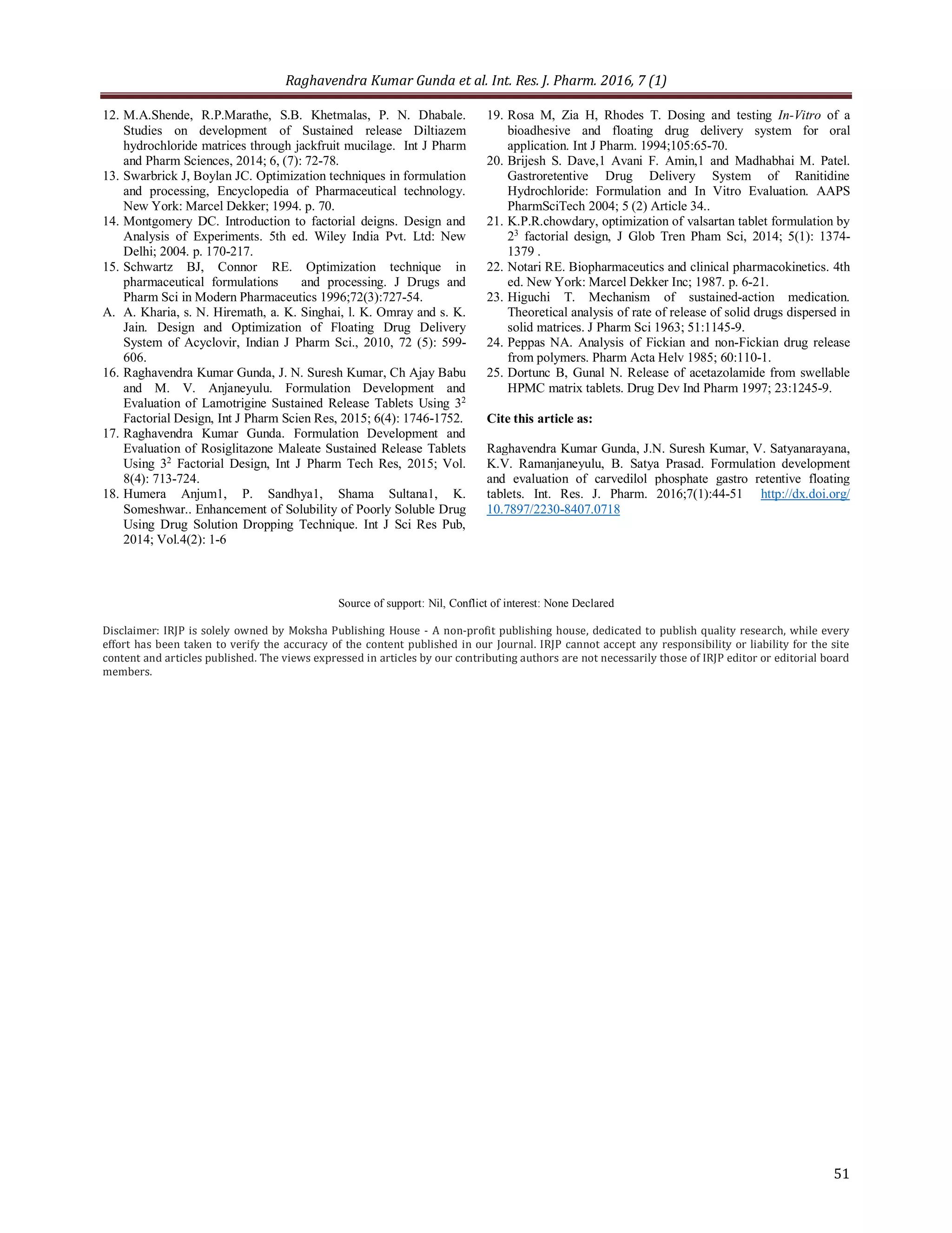 FORMULATION DEVELOPMENT AND EVALUATION OF CARVEDILOL PHOSPHATE GASTRO RETENTIVE FLOATING TABLETS ...