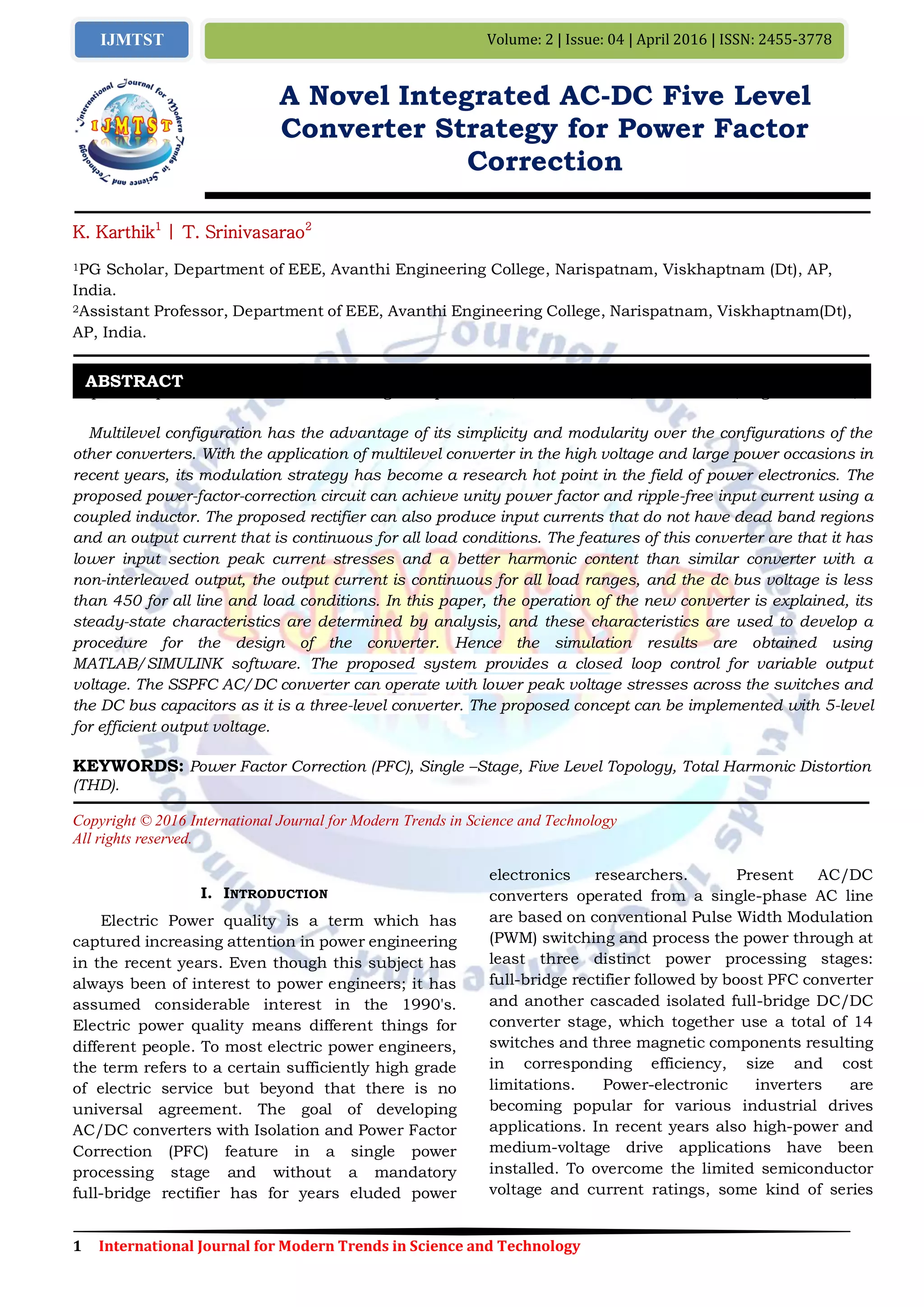 A Novel Integrated AC-DC Five Level Converter Strategy for Power Factor ...