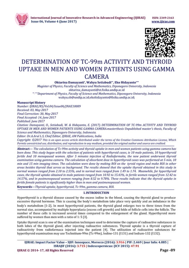 DETERMINATION OF TC-99m ACTIVITY AND THYROID UPTAKE IN MEN AND WOMEN ...