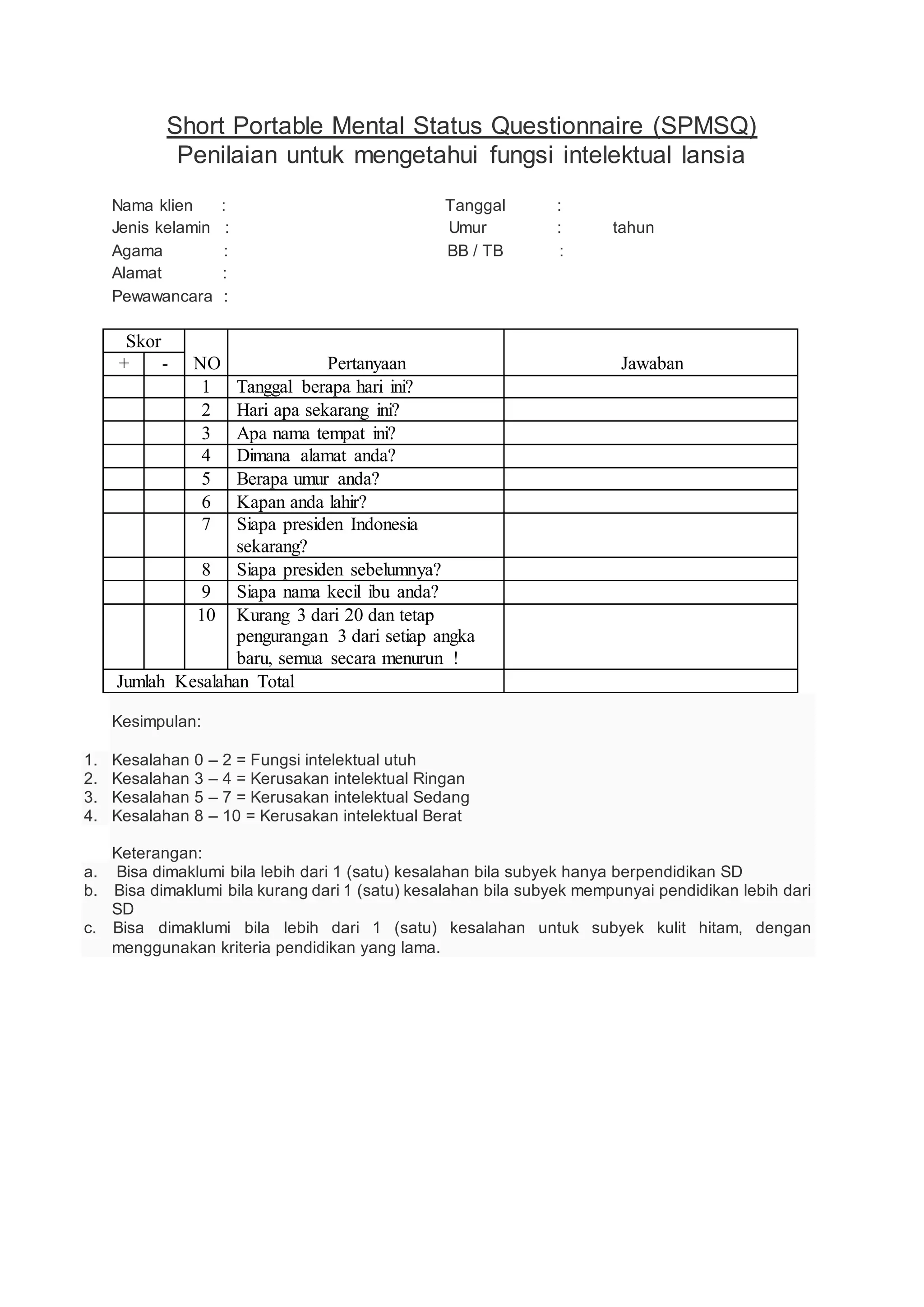 Alat Ukur Pengkajain Manula Short Portable Mental Questionneire (SPMSQ ...