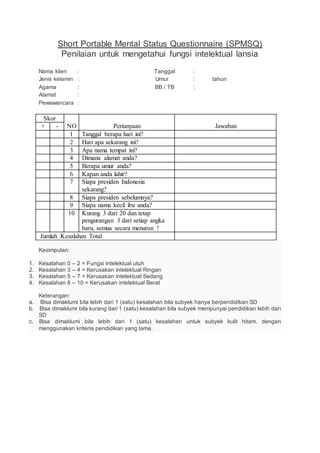 Alat Ukur Pengkajain Manula Short Portable Mental Questionneire (SPMSQ) | DOCX