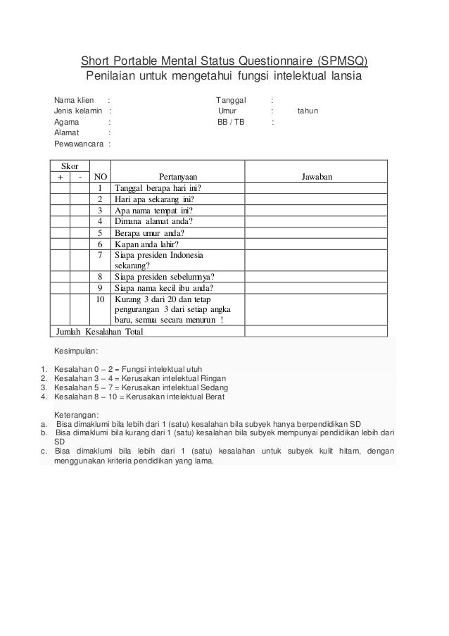 Alat Ukur Pengkajain Manula Short Portable Mental Questionneire (SPMS…