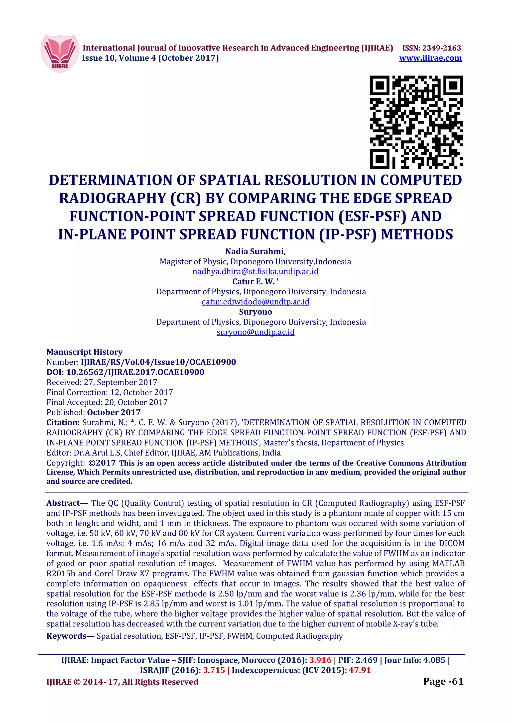 DETERMINATION OF SPATIAL RESOLUTION IN COMPUTED RADIOGRAPHY (CR) BY ...