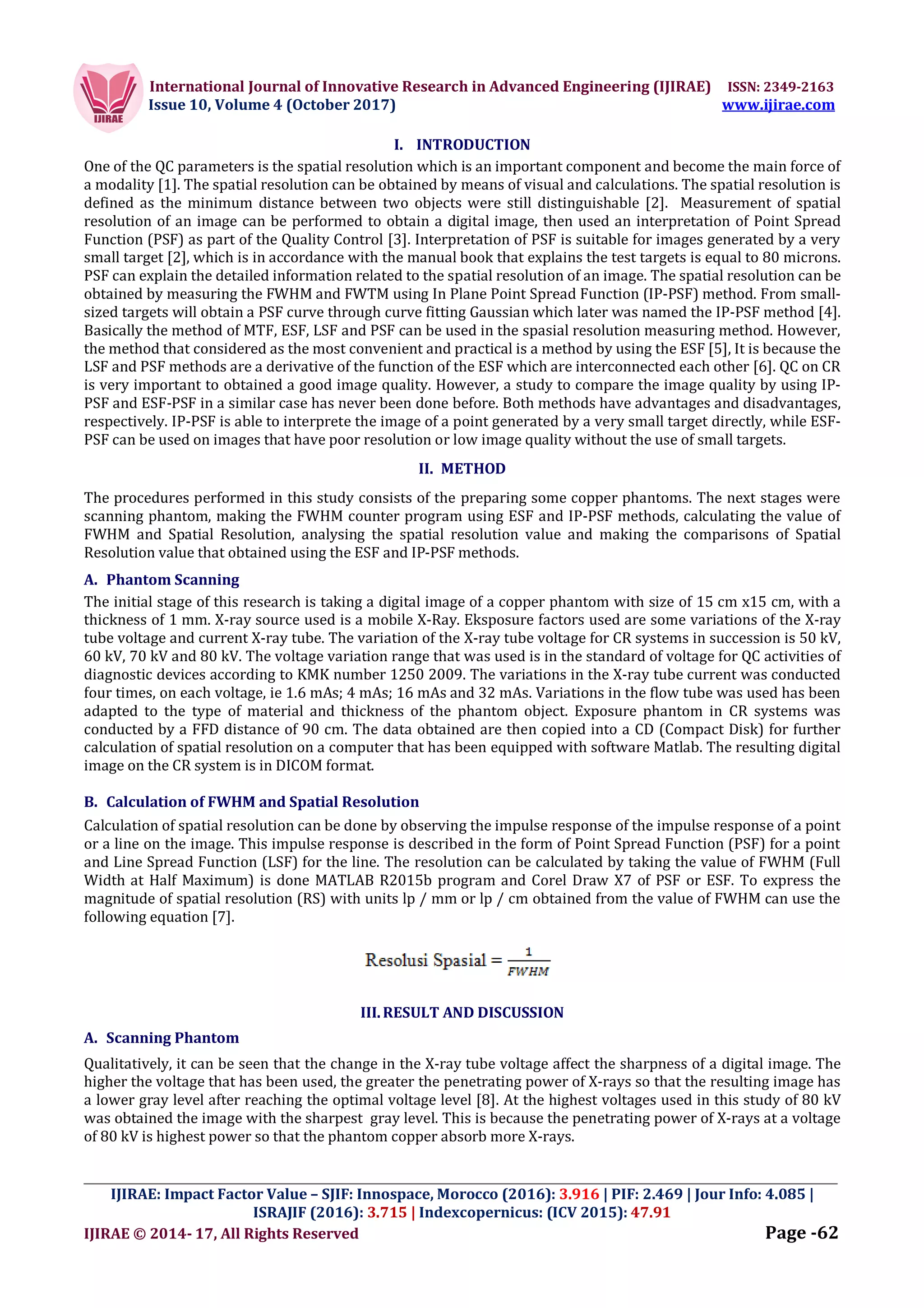 DETERMINATION OF SPATIAL RESOLUTION IN COMPUTED RADIOGRAPHY (CR) BY ...