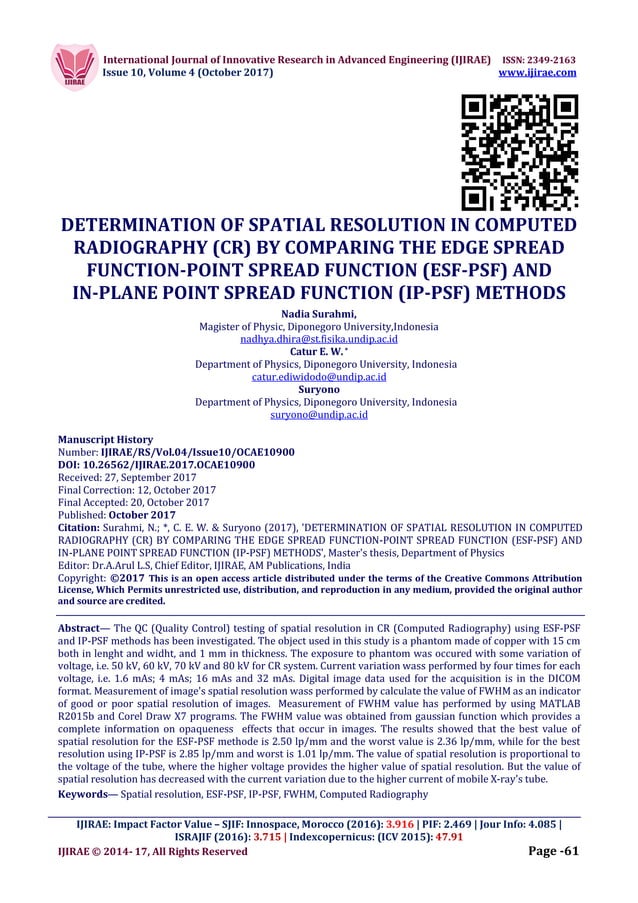 DETERMINATION OF SPATIAL RESOLUTION IN COMPUTED RADIOGRAPHY (CR) BY COMPARING THE EDGE SPREAD ...