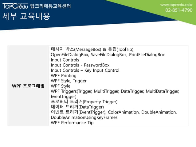 [wpf학원,wpf교육]닷넷, c#기반 wpf 프로그래밍 인터페이스구현 재직자 향상과정 | PPTX