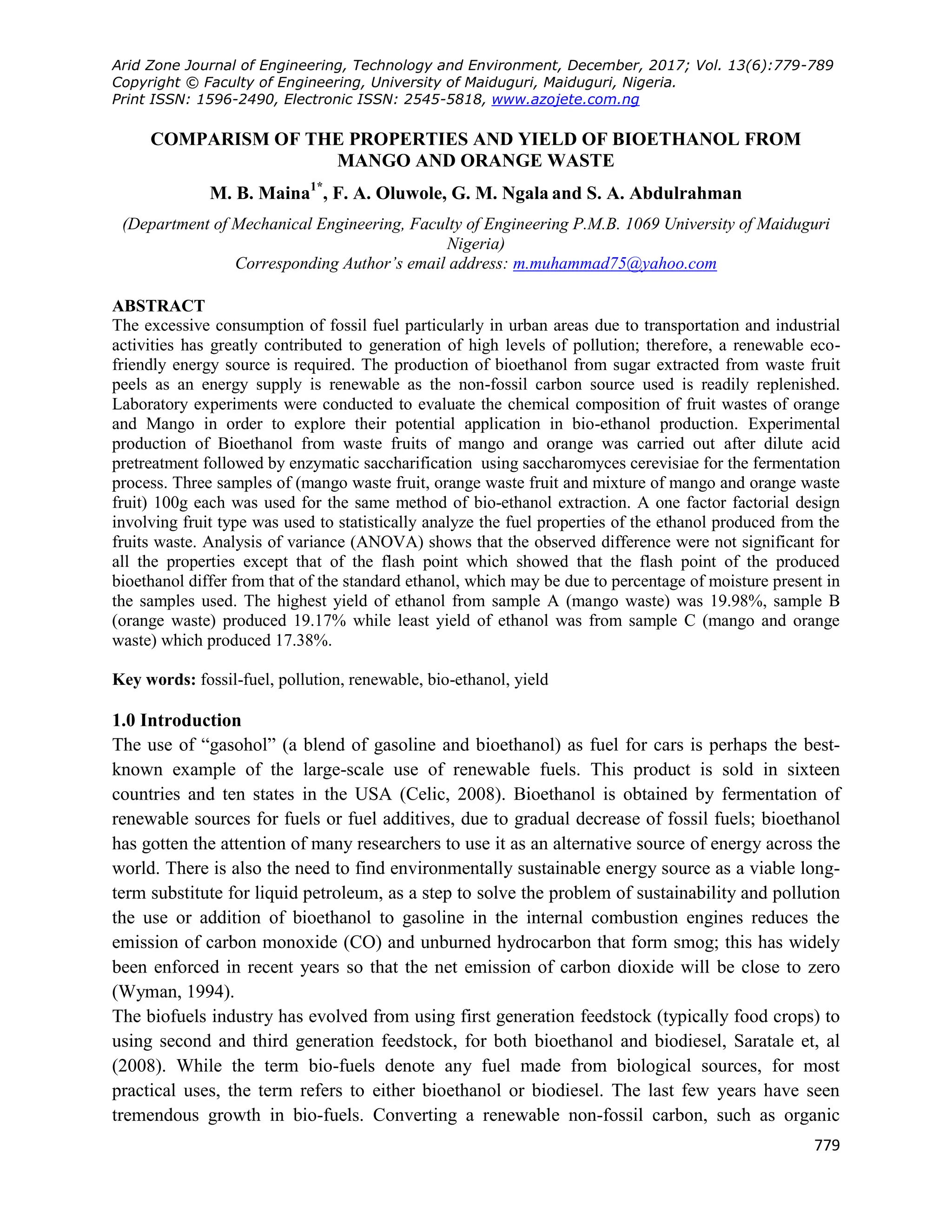 Comparism of the Properties and Yield of Bioethanol from Mango and ...