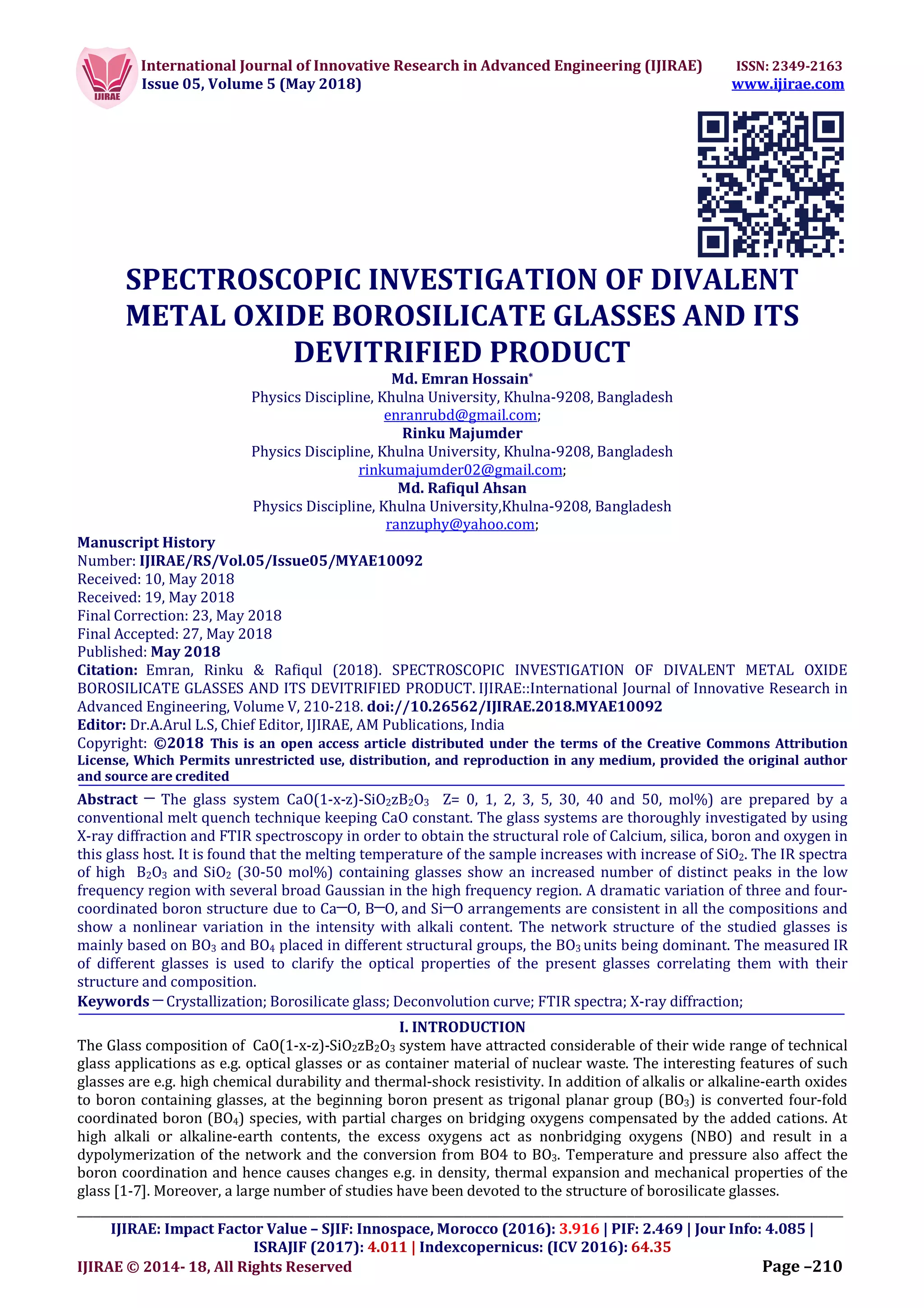 SPECTROSCOPIC INVESTIGATION OF DIVALENT METAL OXIDE BOROSILICATE GLASSES AND ITS DEVITRIFIED ...