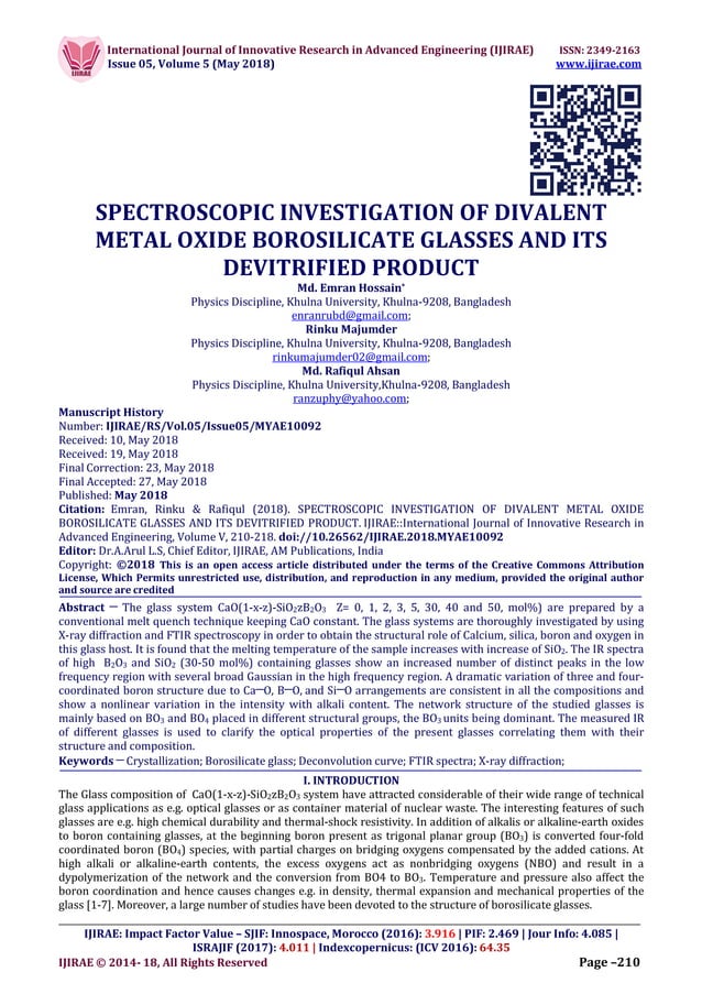 SPECTROSCOPIC INVESTIGATION OF DIVALENT METAL OXIDE BOROSILICATE ...