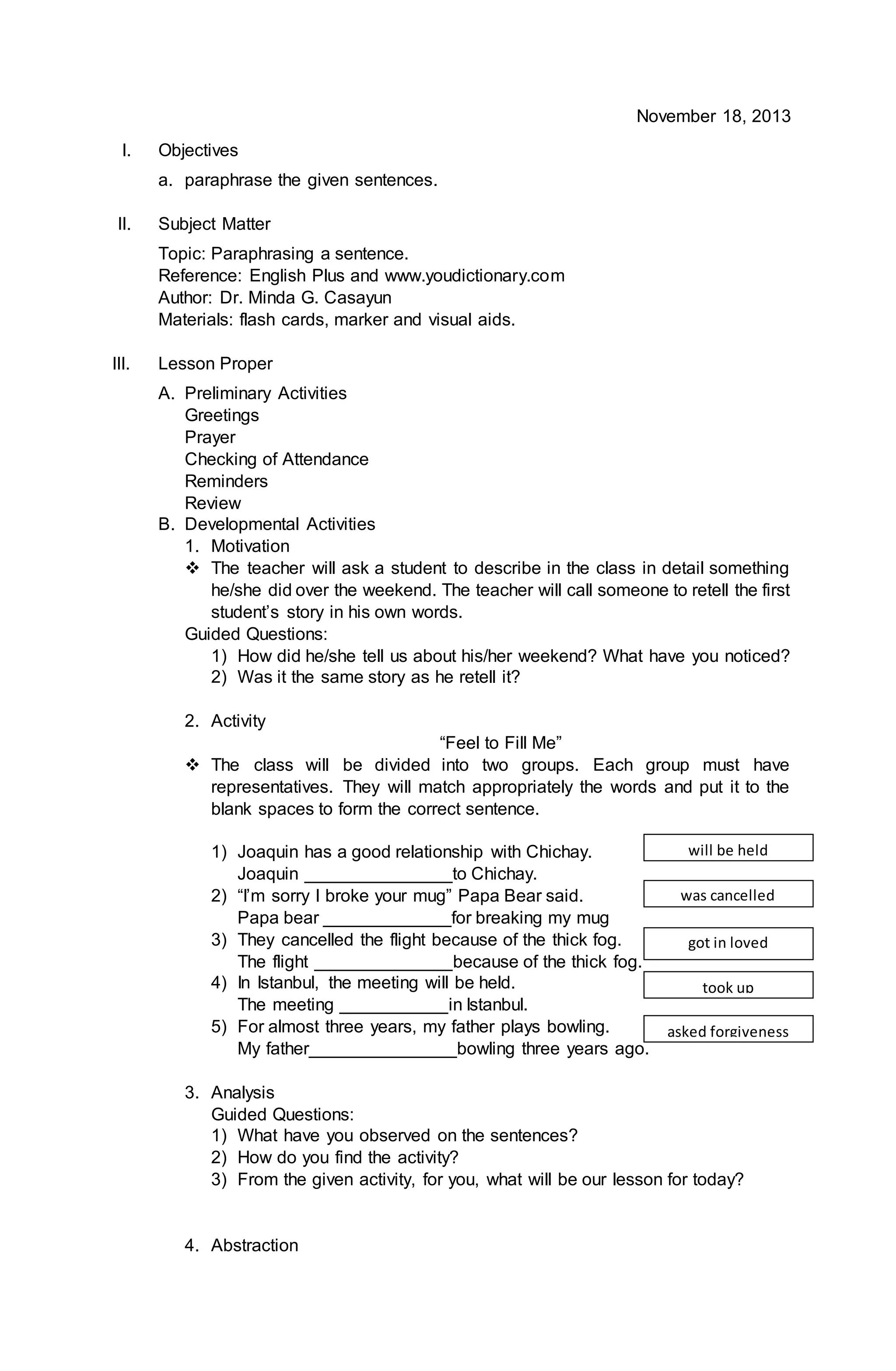 Paraphrasing Sentence Lesson Plan in English (4th Year) | DOCX