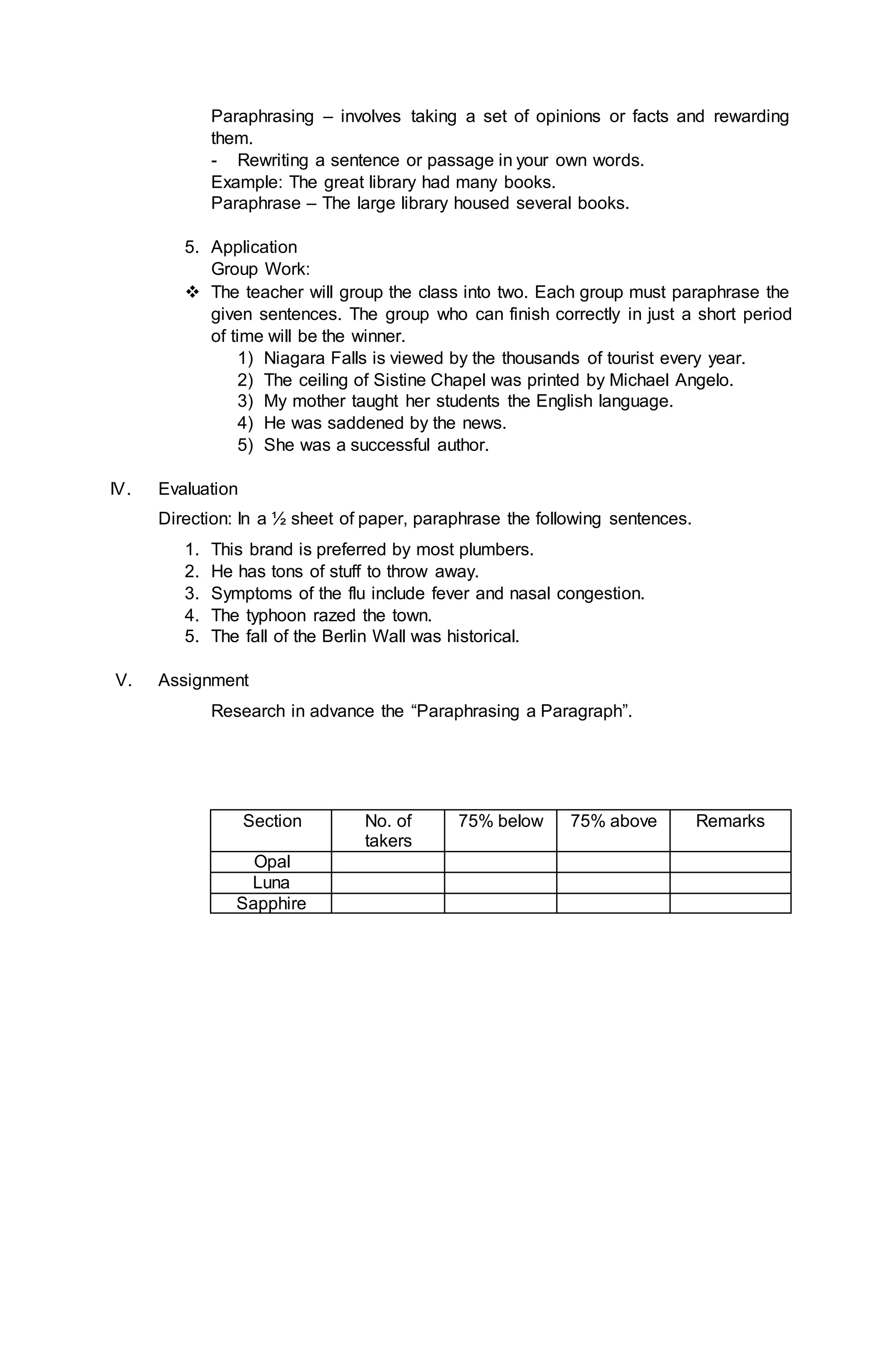 Paraphrasing Sentence Lesson Plan in English (4th Year) | DOCX