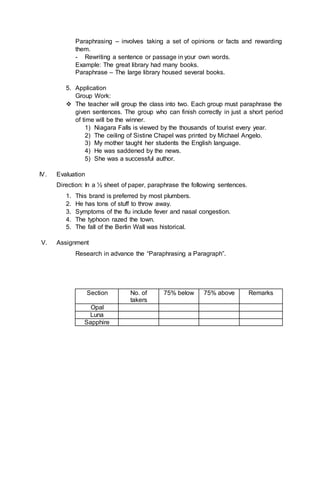Paraphrasing Sentence Lesson Plan in English (4th Year) | DOCX