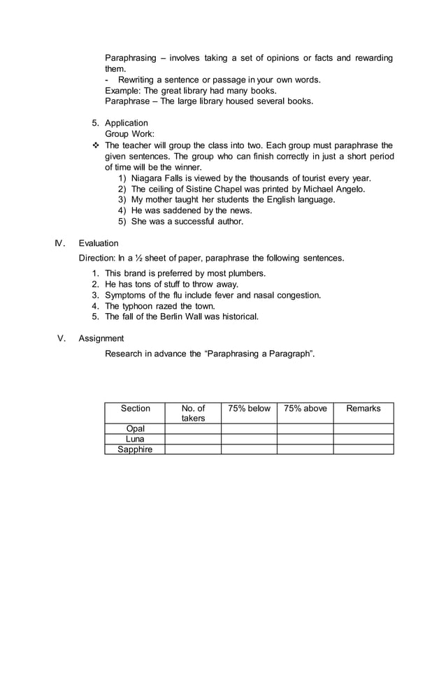 Paraphrasing Sentence Lesson Plan in English (4th Year) | DOCX