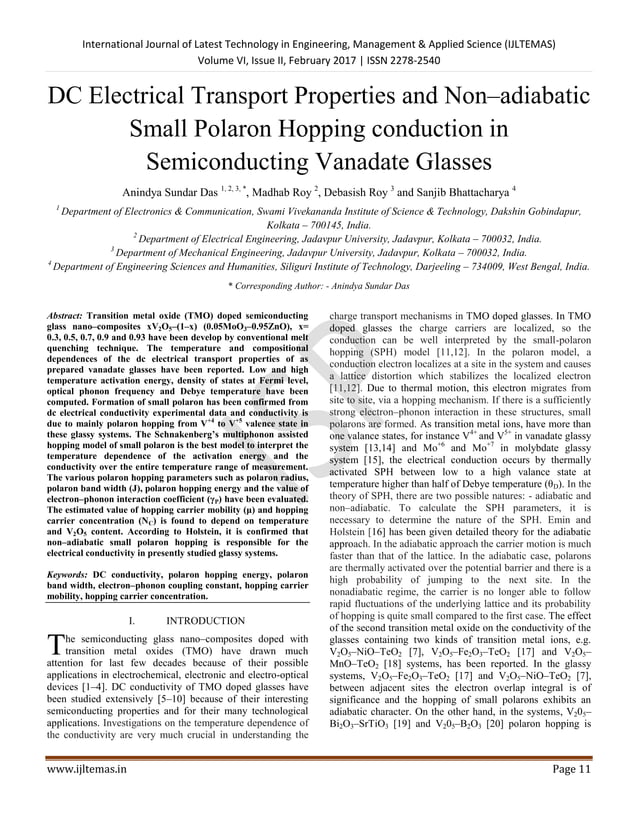 DC Electrical Transport Properties and Non–adiabatic Small Polaron ...