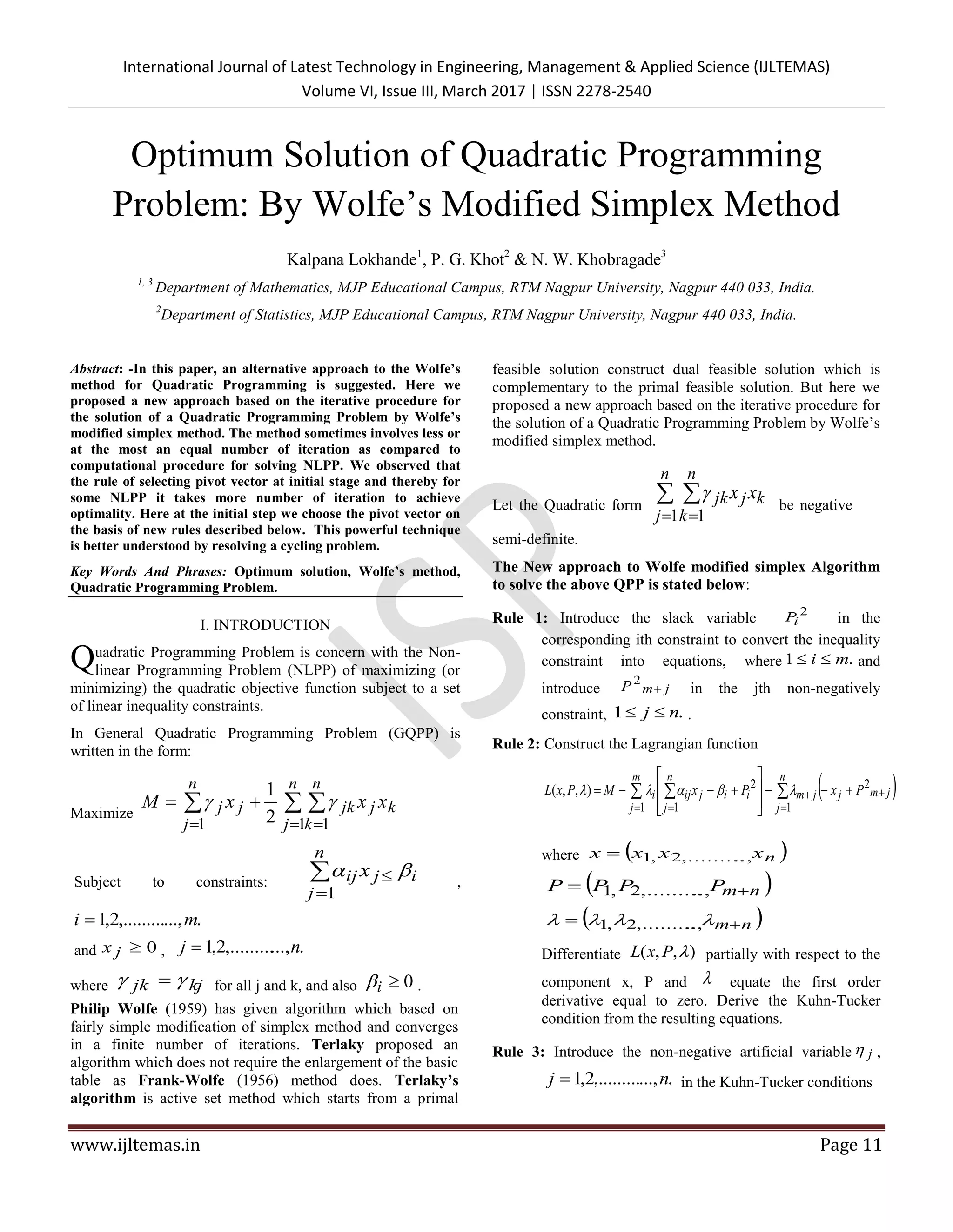 Optimum Solution Of Quadratic Programming Problem By Wolfe S Modified Simplex Method Pdf