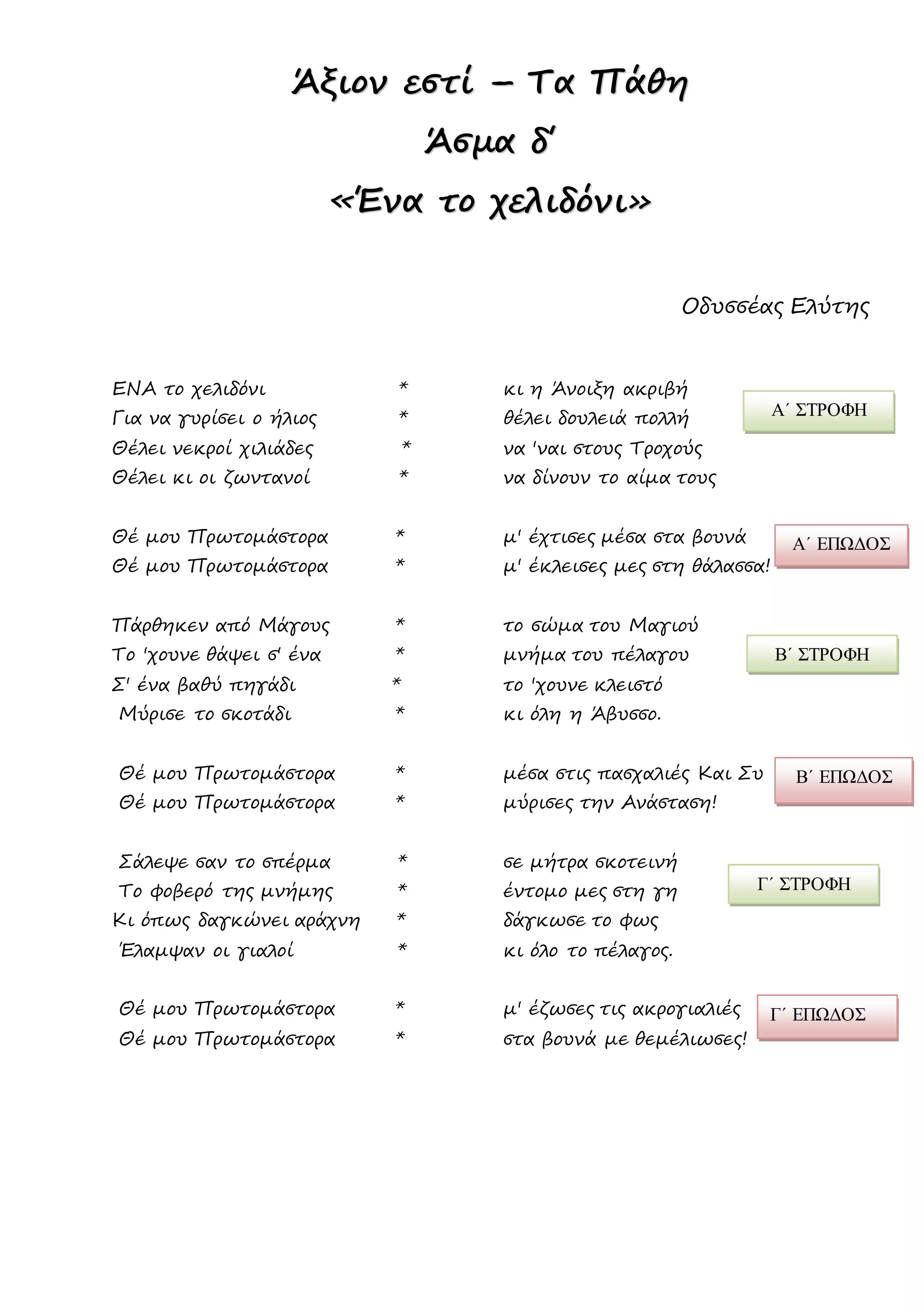 Άξιον Εστί, Άσμα δ΄, Τα Πάθη, Ελύτης | DOC
