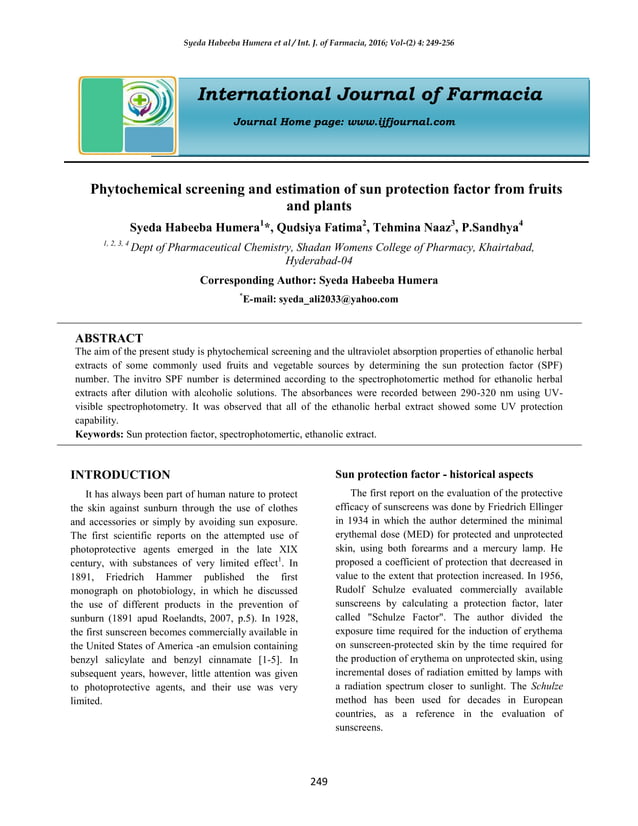 Phytochemical screening and estimation of sun protection factor from fruits and plants | PDF