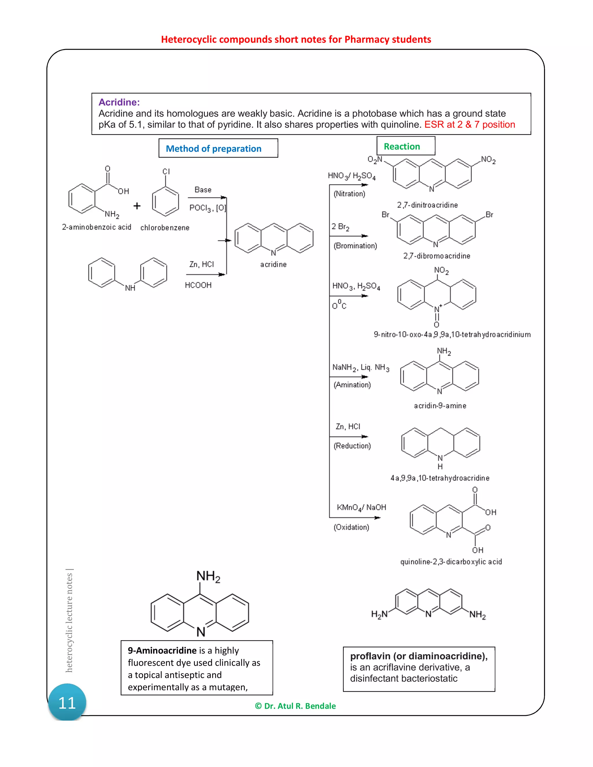 11. acridine Heterocyclic compounds short notes for Pharmacy students | PDF