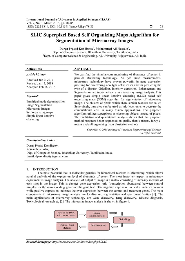 Slic Superpixel Based Self Organizing Maps Algorithm For Segmentation Of Microarray Images Pdf
