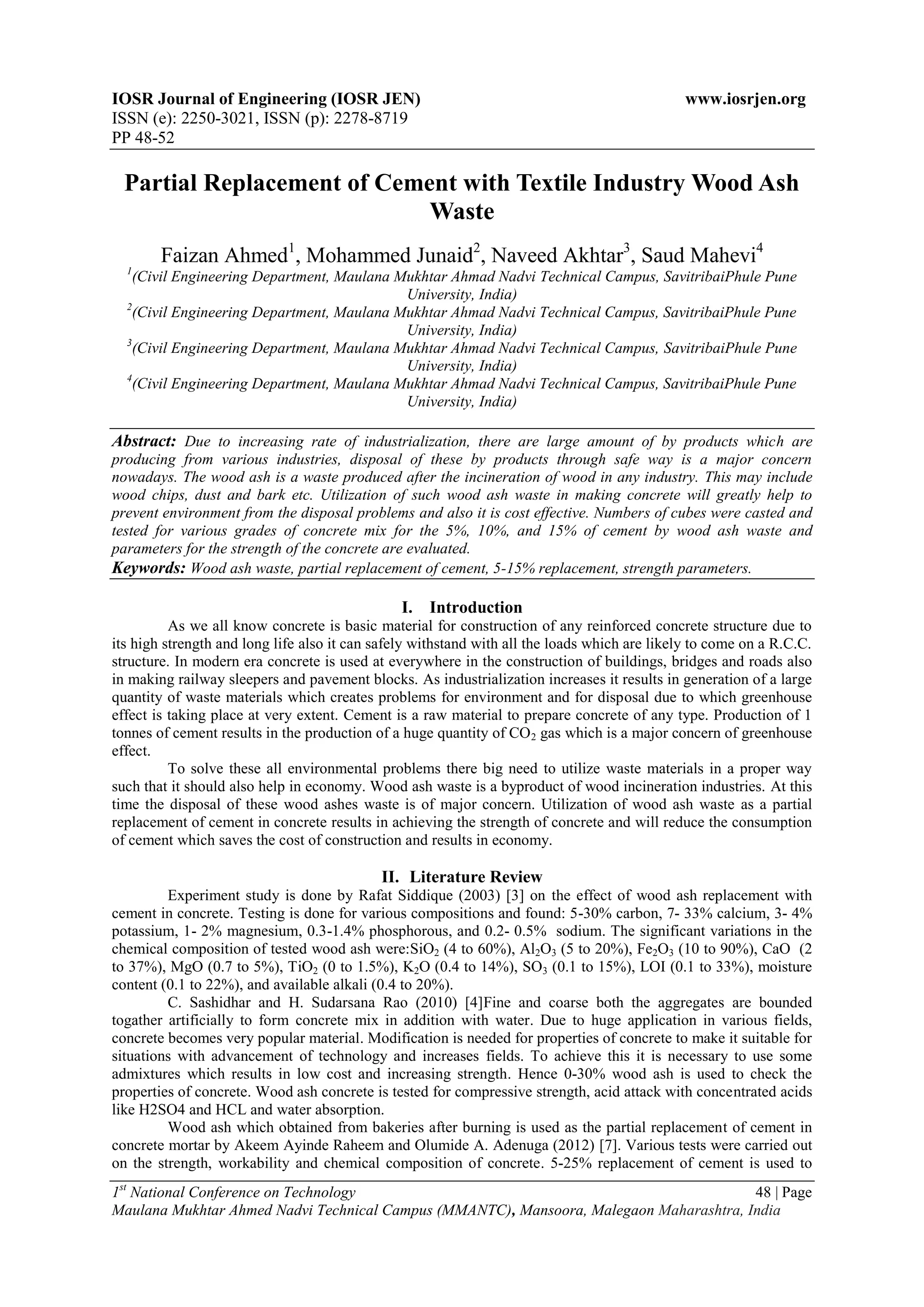 Partial Replacement of Cement with Textile Industry Wood Ash Waste ...