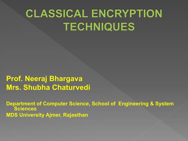 CLASSICAL ENCRYPTION TECHNIQUE- PART 1 | PPT | Programming Languages | Computing