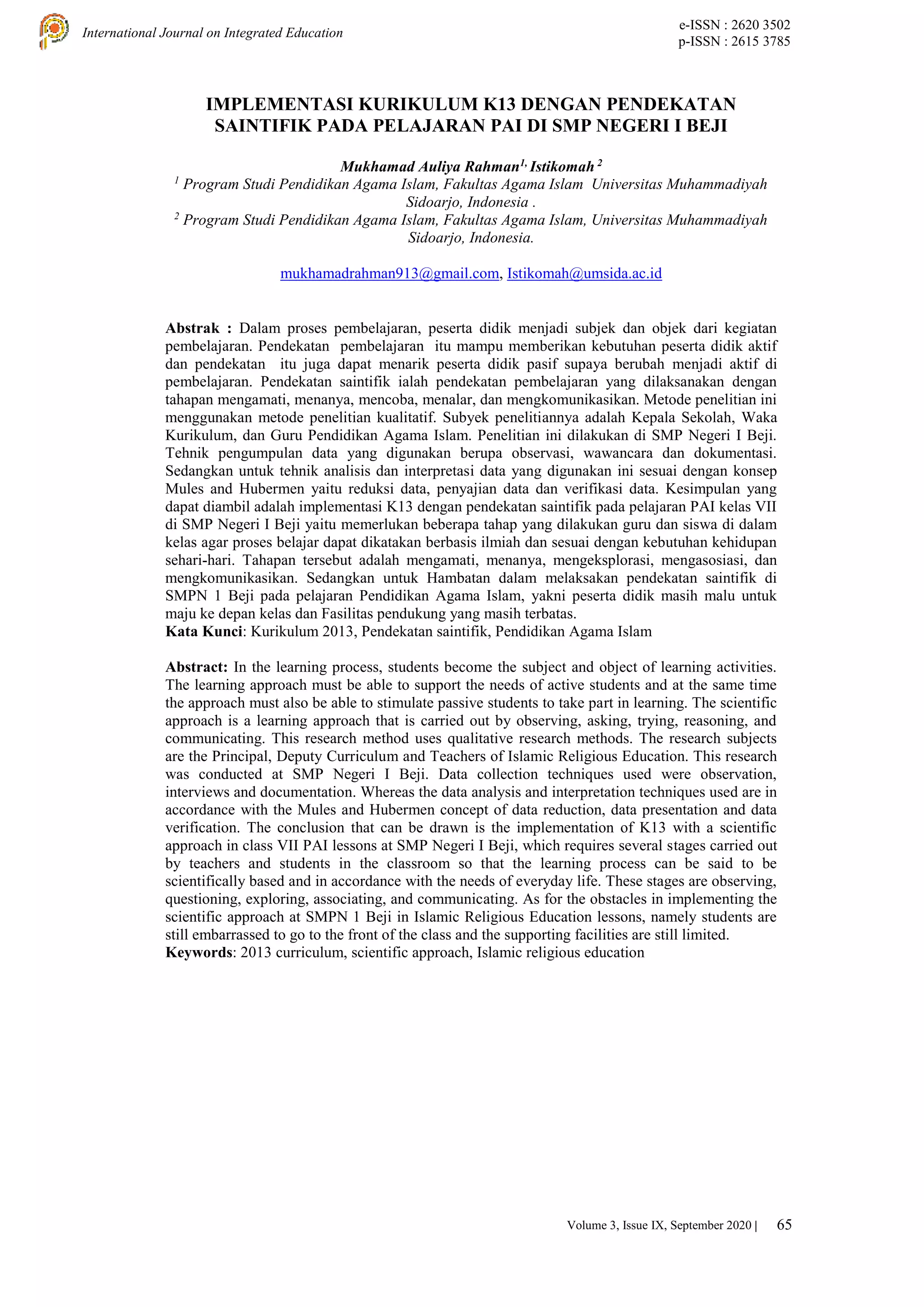 Implementasi Kurikulum K13 Dengan Pendekatan Saintifik Pada Pelajaran Pai Di Smp Negeri I Beji | PDF