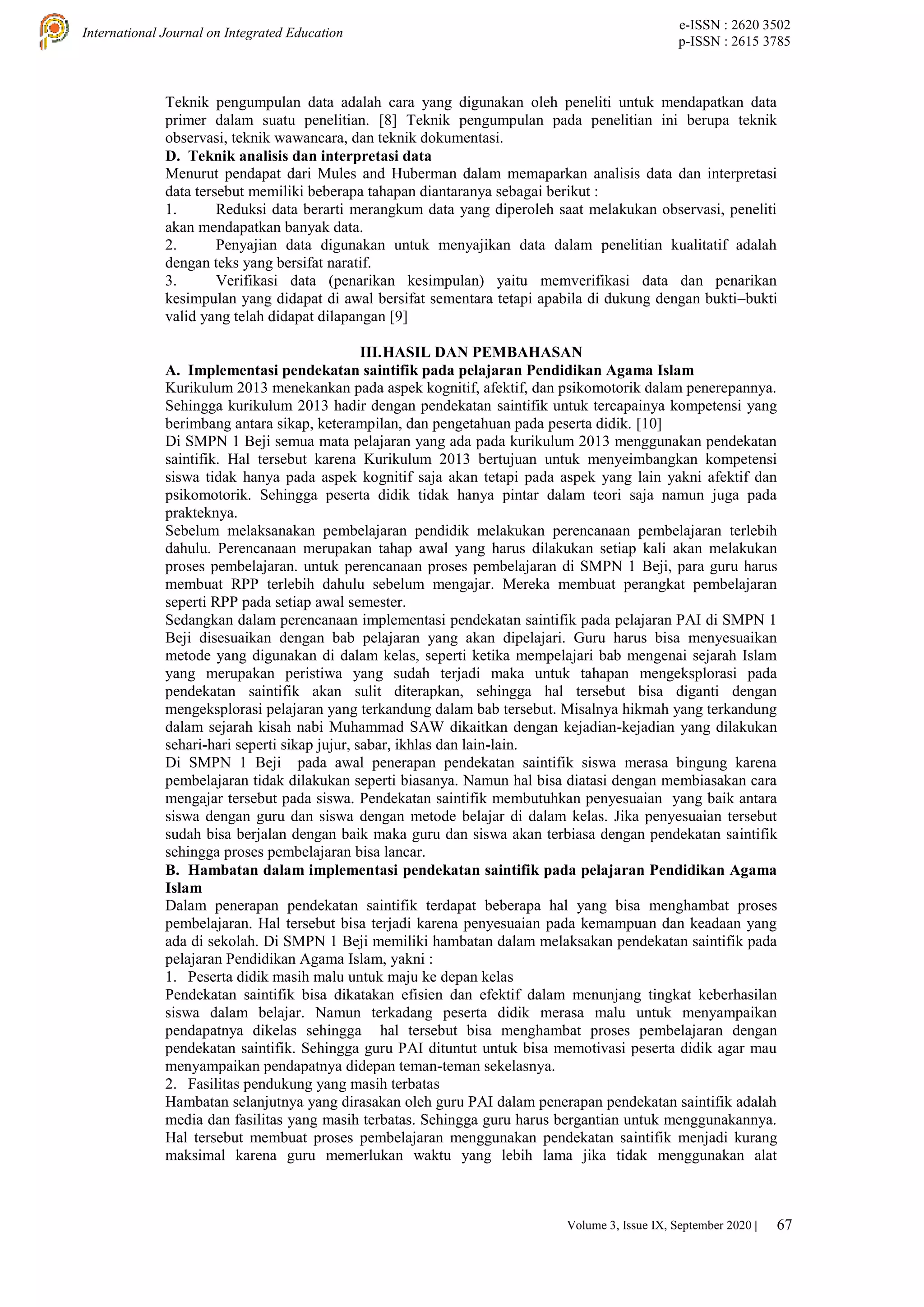 Implementasi Kurikulum K13 Dengan Pendekatan Saintifik Pada Pelajaran Pai Di Smp Negeri I Beji | PDF