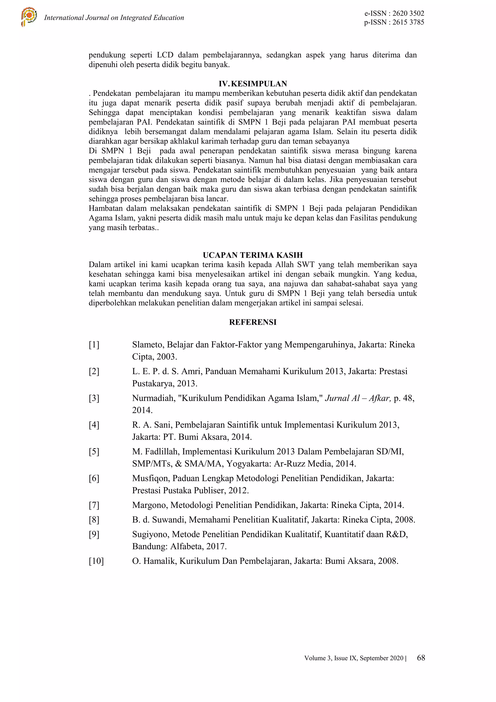 Implementasi Kurikulum K13 Dengan Pendekatan Saintifik Pada Pelajaran Pai Di Smp Negeri I Beji | PDF