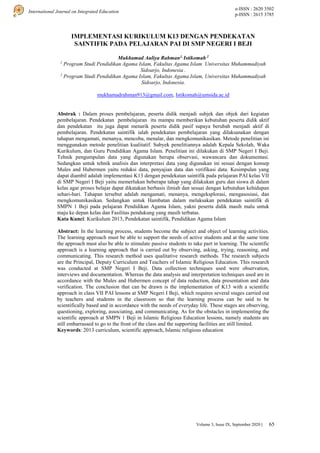 Implementasi Kurikulum K13 Dengan Pendekatan Saintifik Pada Pelajaran Pai Di Smp Negeri I Beji | PDF