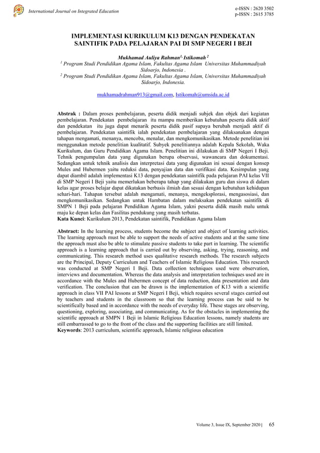 Implementasi Kurikulum K13 Dengan Pendekatan Saintifik Pada Pelajaran Pai Di Smp Negeri I Beji | PDF
