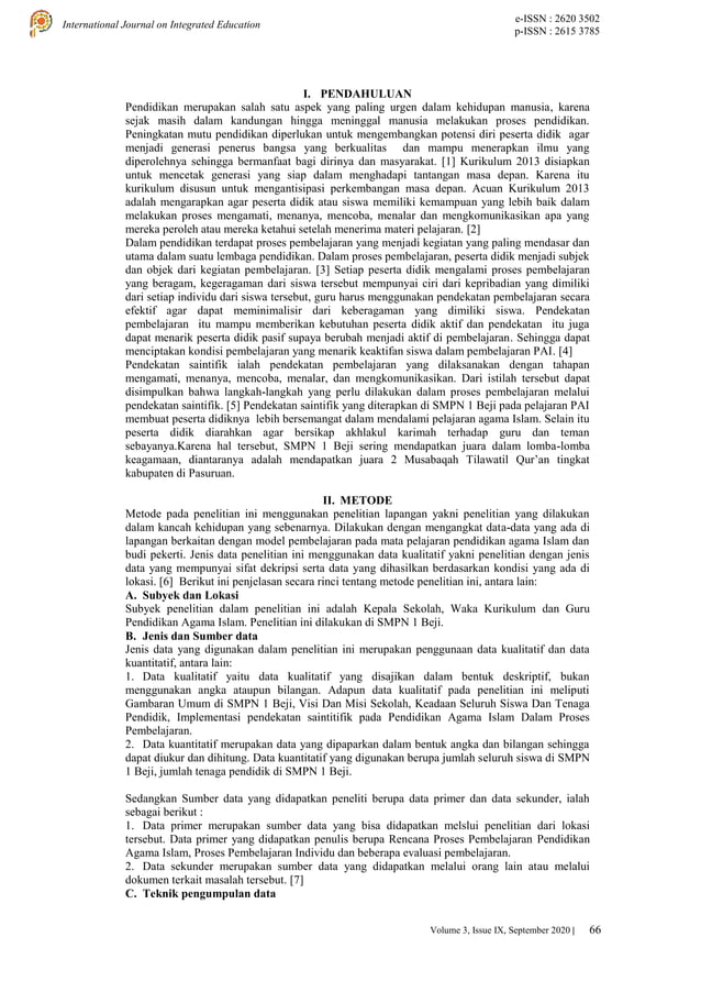 Implementasi Kurikulum K13 Dengan Pendekatan Saintifik Pada Pelajaran Pai Di Smp Negeri I Beji | PDF
