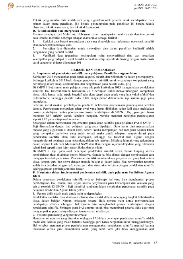 Implementasi Kurikulum K13 Dengan Pendekatan Saintifik Pada Pelajaran Pai Di Smp Negeri I Beji | PDF