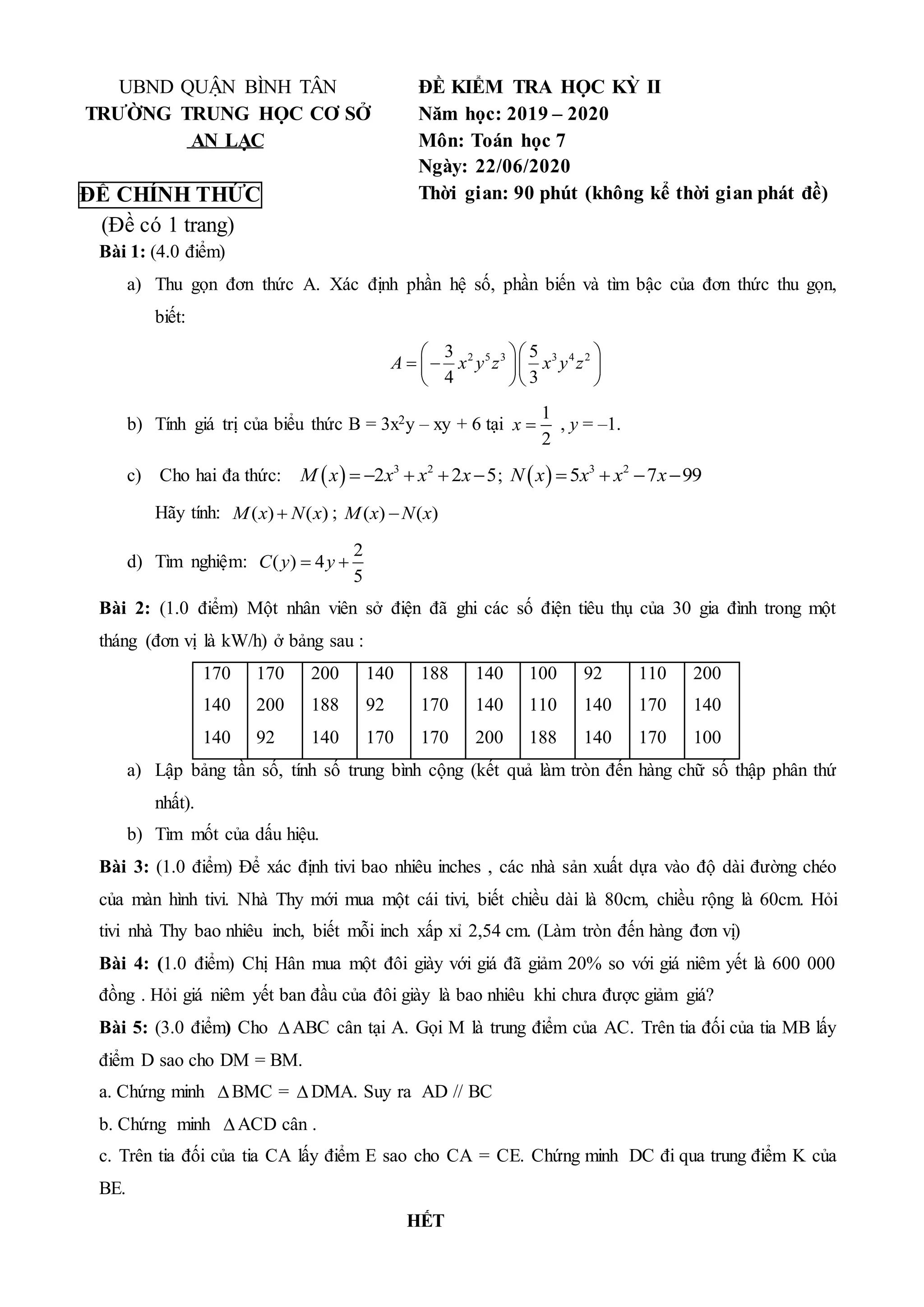 Đề Thi HK2 Toán 7 - THCS An Lạc | PDF