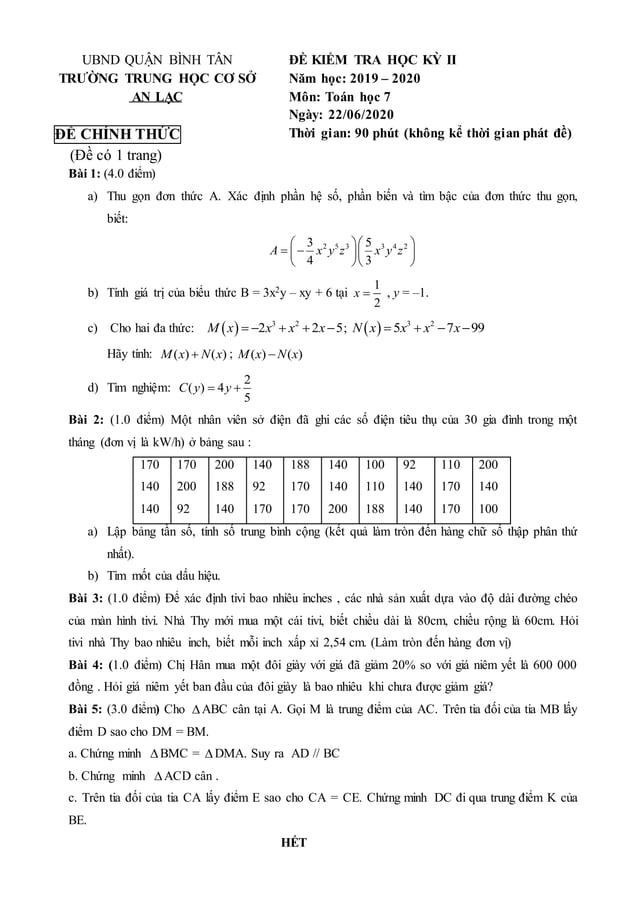 Đề Thi HK2 Toán 7 - THCS An Lạc | PDF