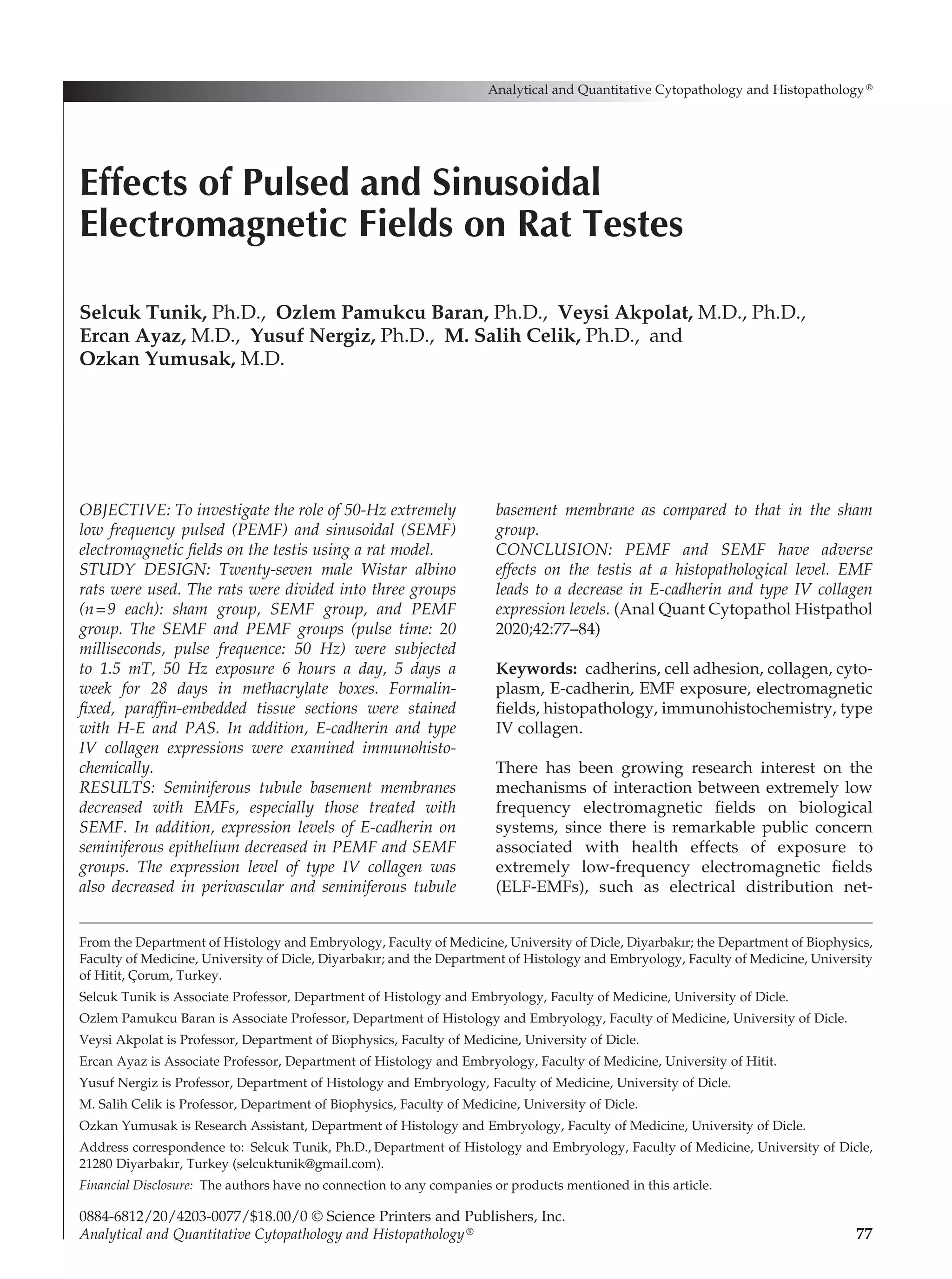 Effects of Pulsed and Sinusoidal Electromagnetic Fields on Rat Testes | PDF