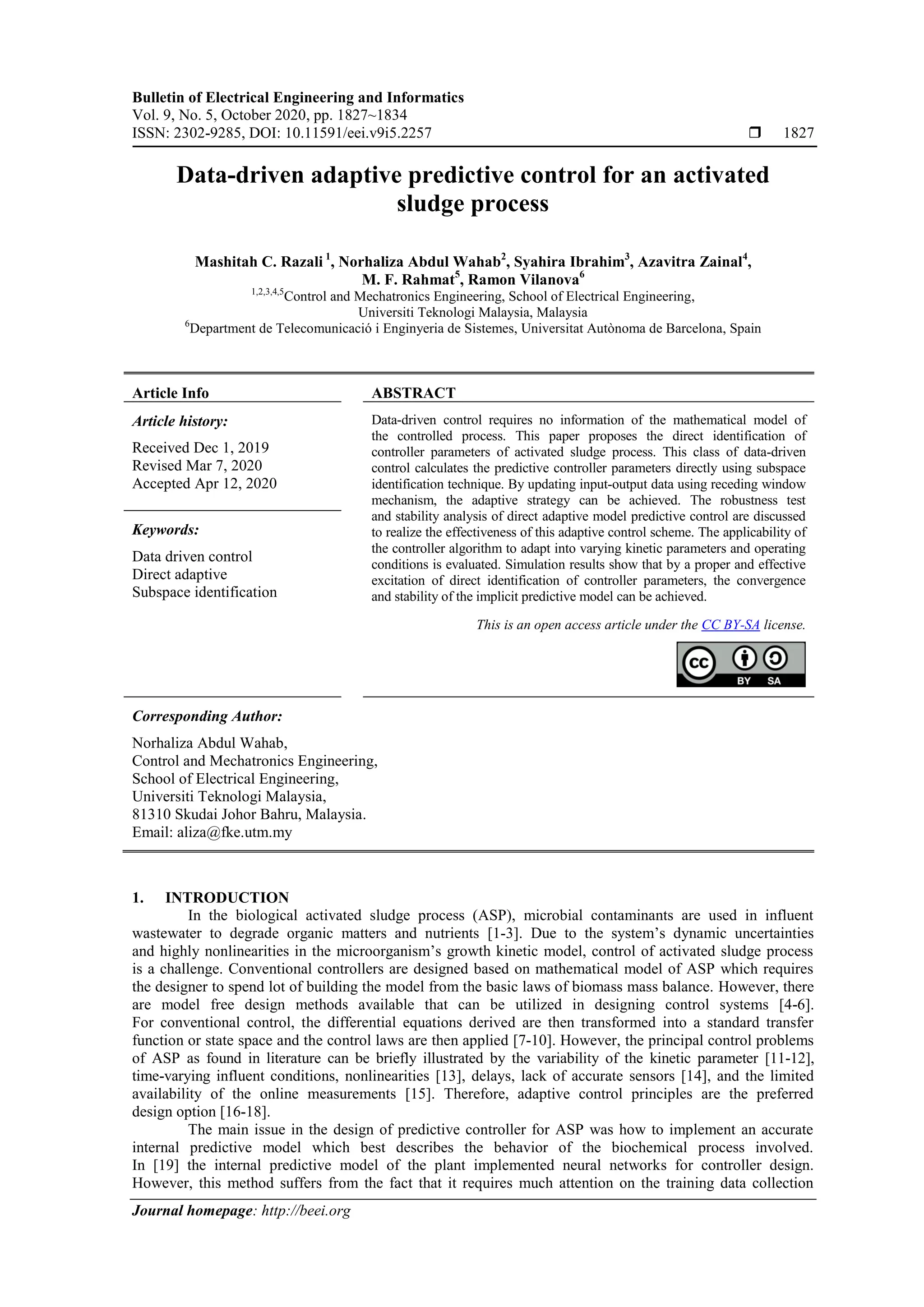 Data-driven adaptive predictive control for an activated sludge process | PDF | Internet of ...