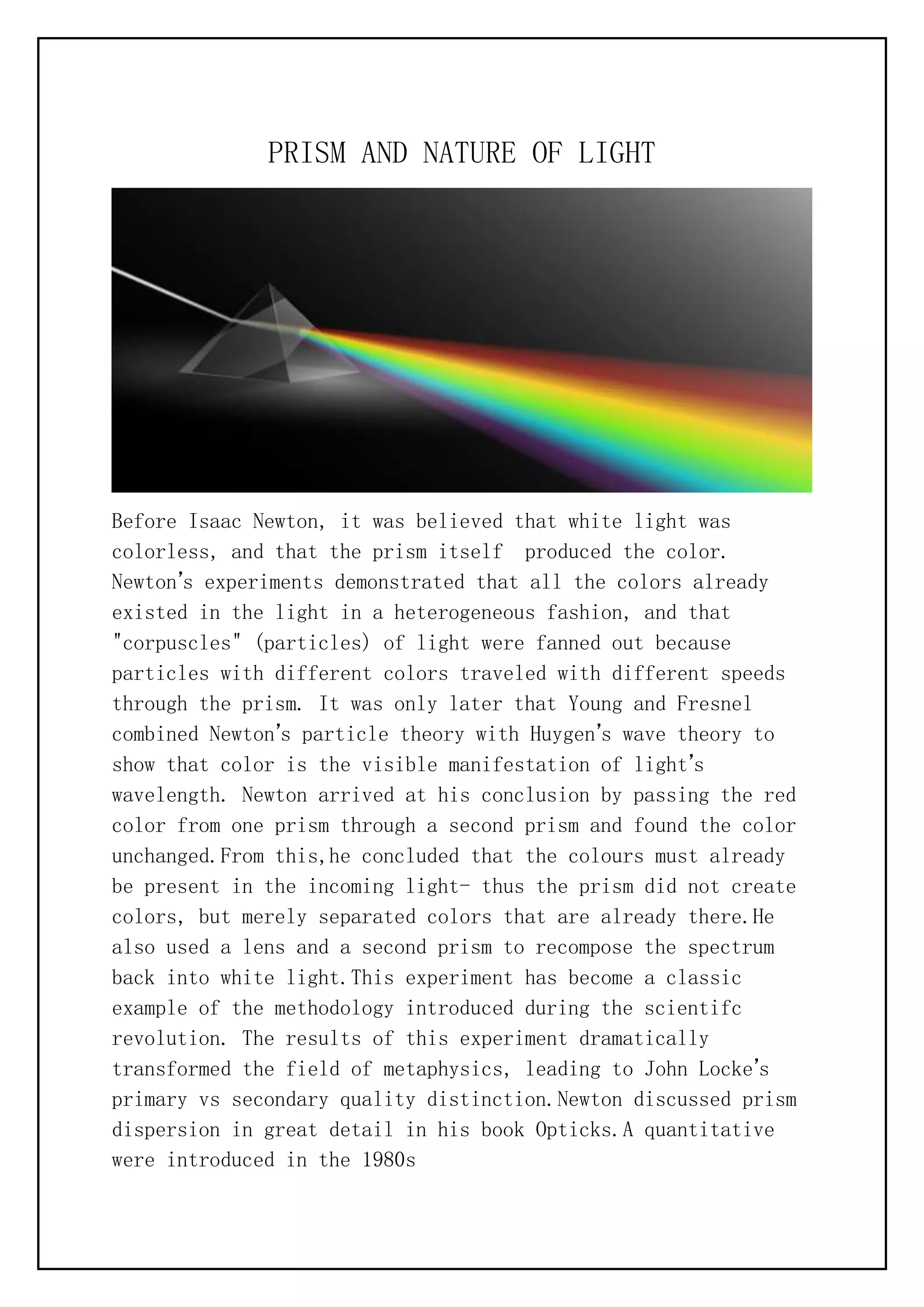 Class 12 Project PRISM AND NATURE OF LIGHT | DOCX
