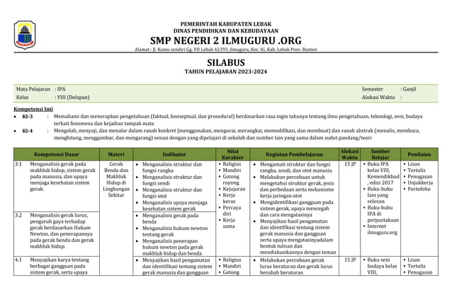 SILABUS IPA kelas 8 semester ganjil dan genap | DOCX