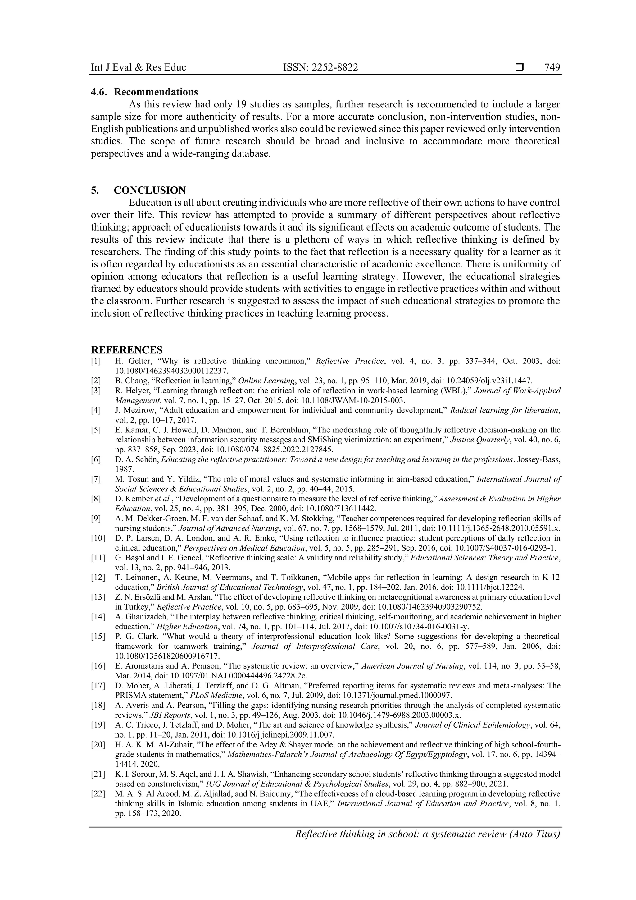 Reflective thinking in school: a systematic review | PDF