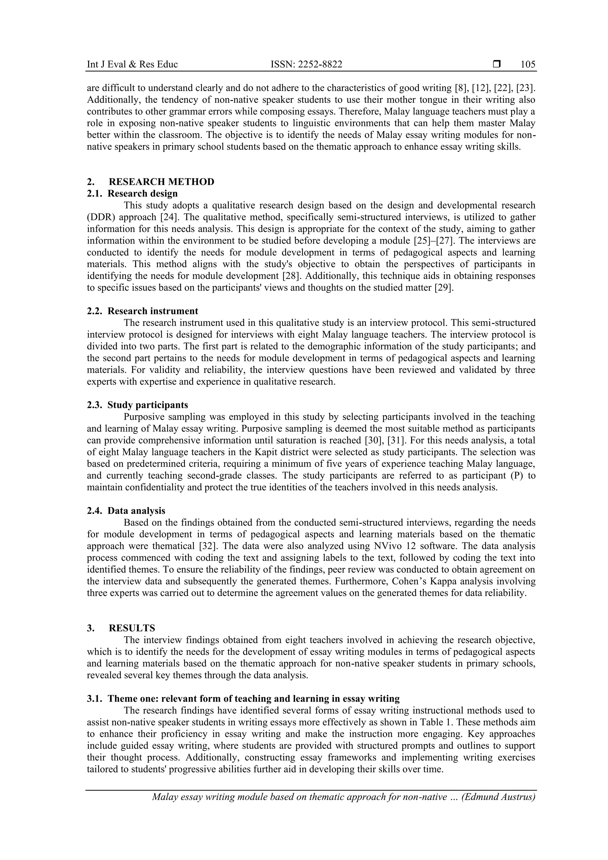 Malay essay writing module based on thematic approach for non-native speaker: a need analysis in ...