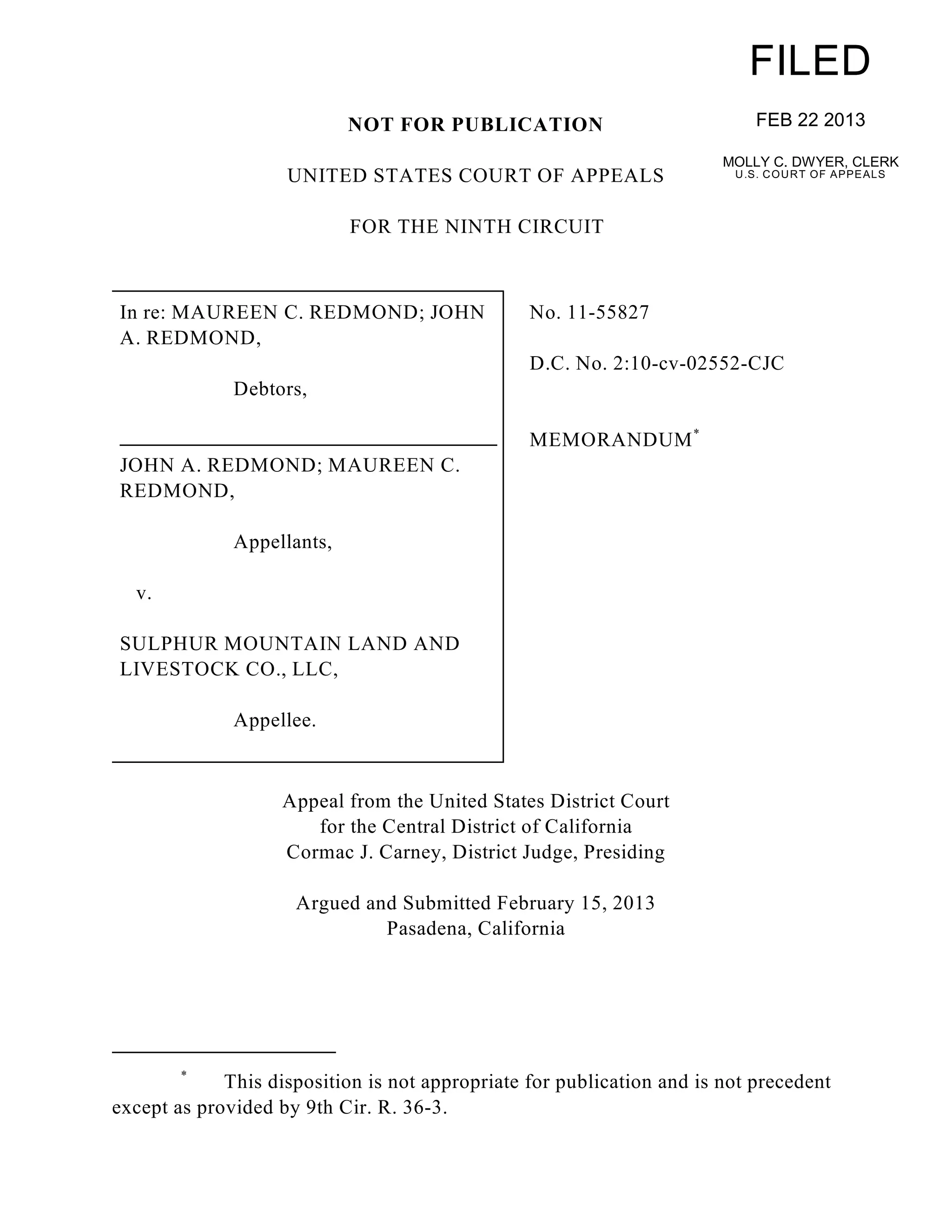 MAUREEN REDMOND V. SULPHUR MOUNTAIN, No. 11-55827 (9th Cir. 2013) A11 | PDF