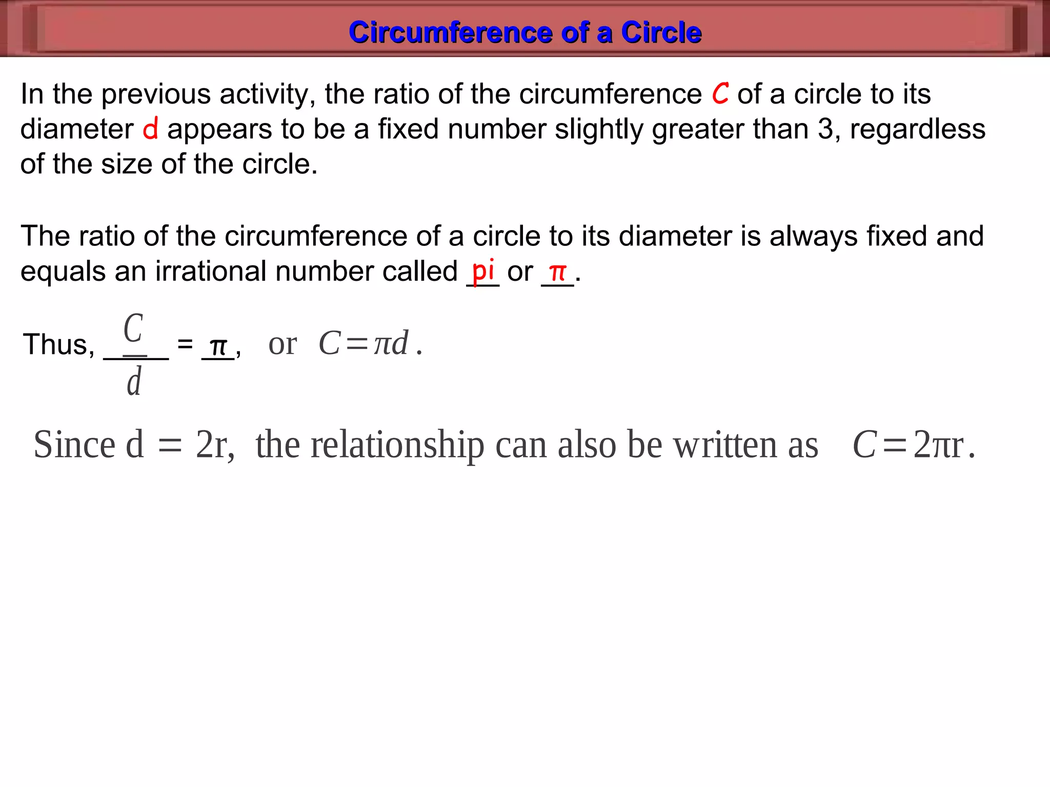 11 5 circumfrence and area of a circle lesson | PPT