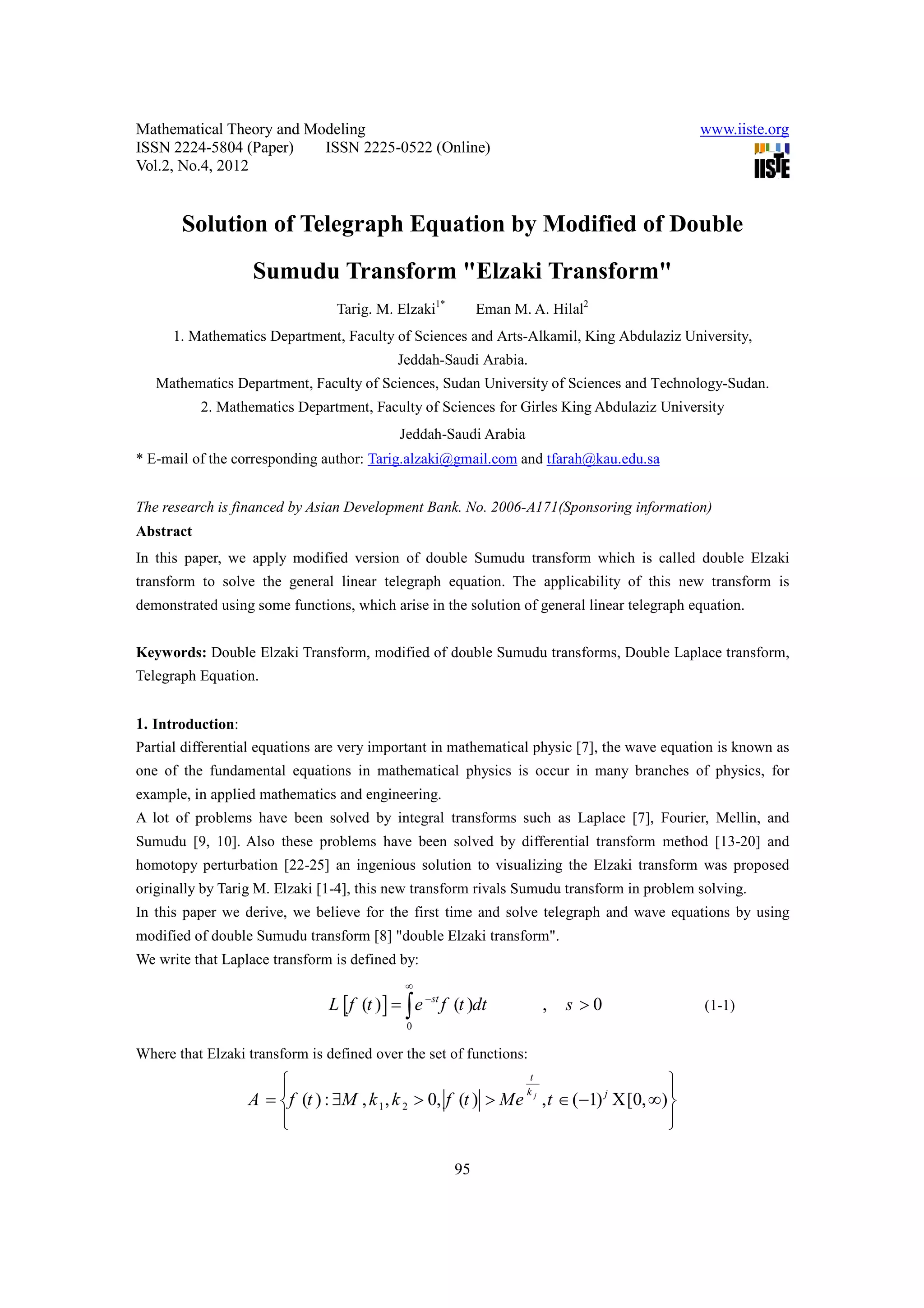 11 [95 103]solution Of Telegraph Equation By Modified Of Double Sumudu