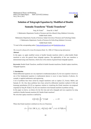 11.[95 103]solution of telegraph equation by modified of double sumudu transform elzaki ...