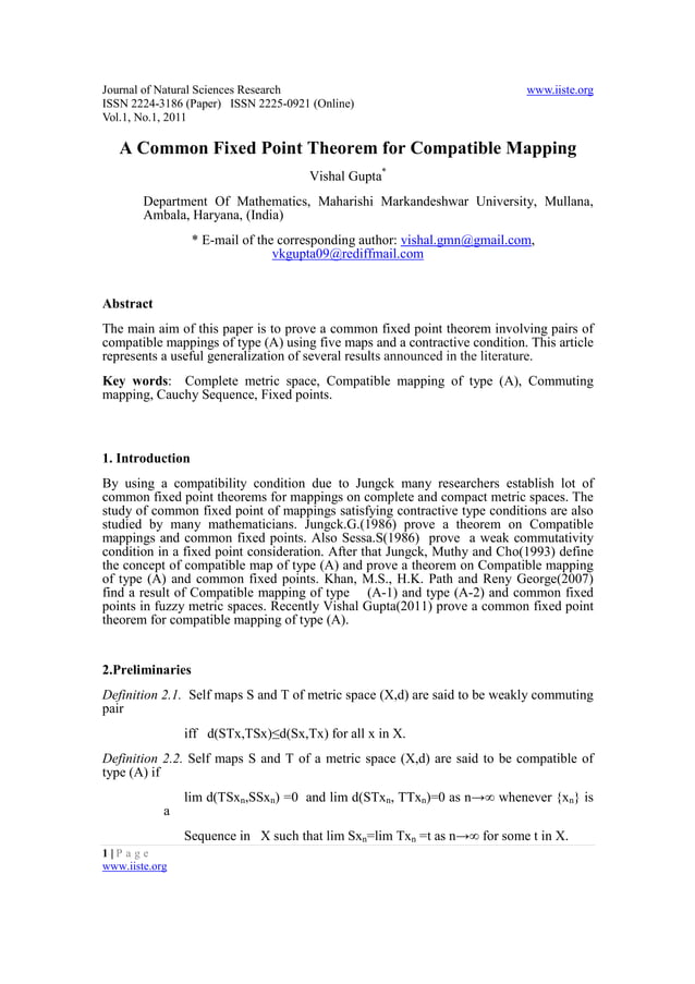 11a Common Fixed Point Theorem For Compatible Mapping Pdf