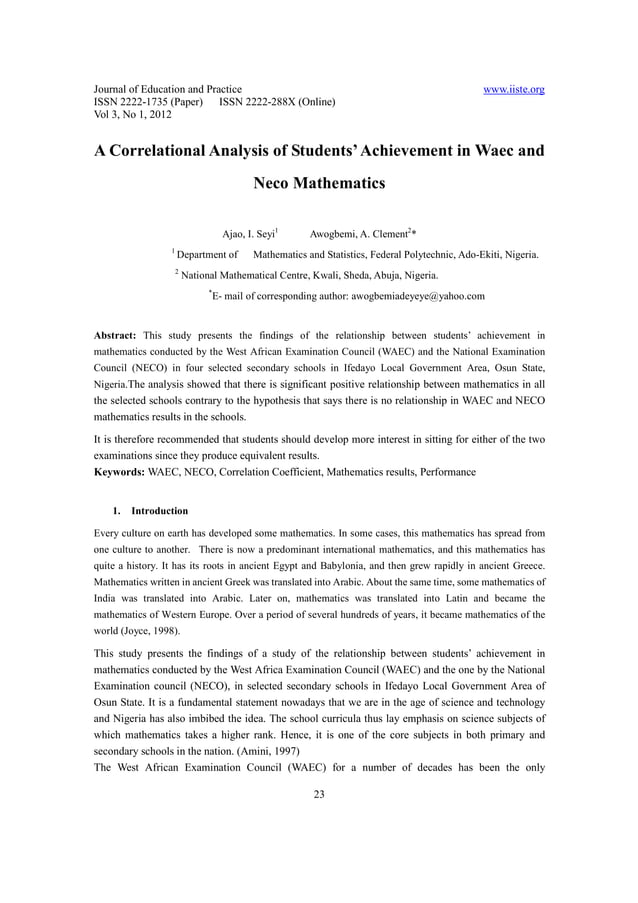 11.a correlational analysis of students achievement in waec and neco ...